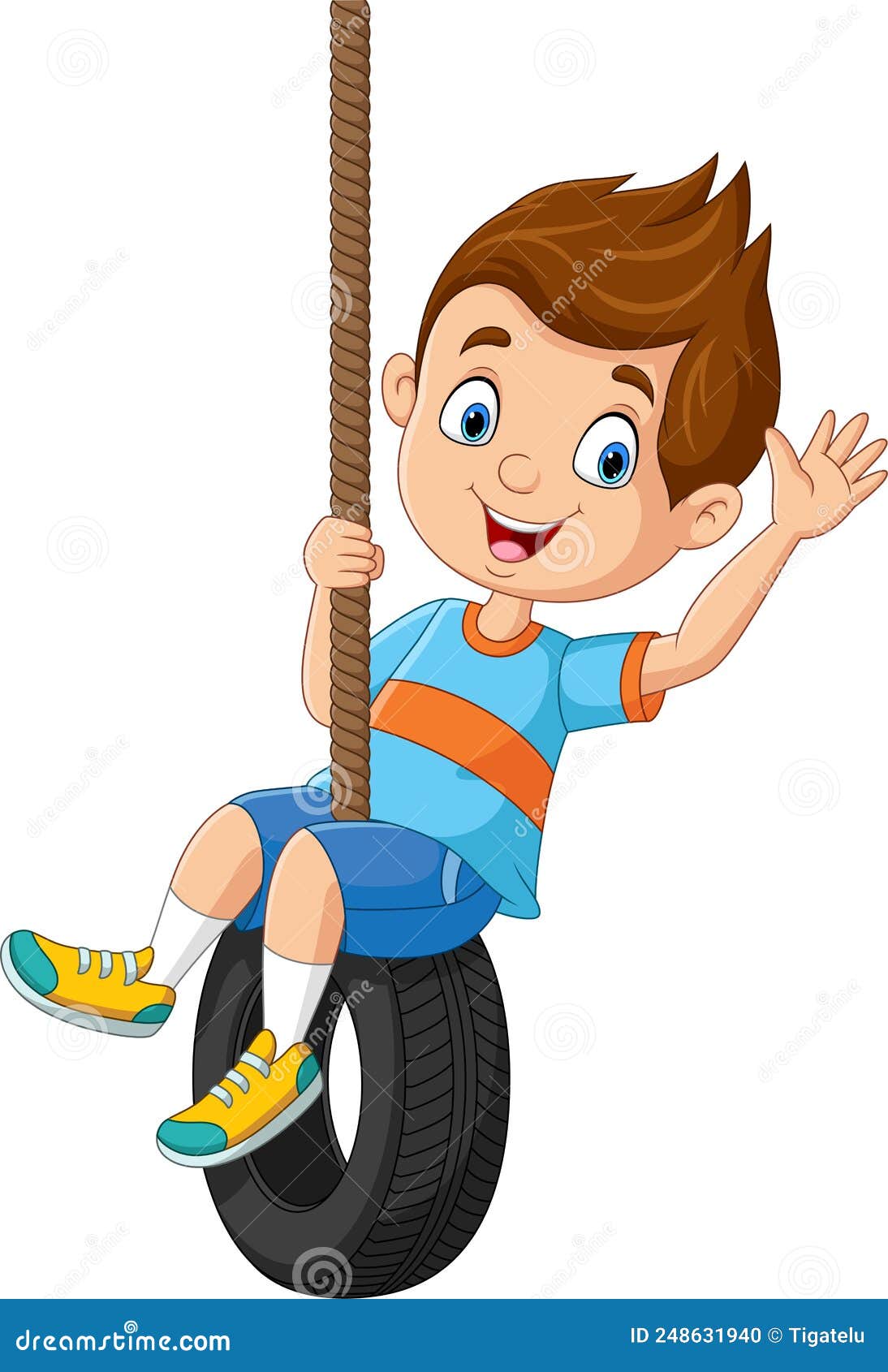 Cartoon Little Boy Playing a Tire Swing Stock Vector - Illustration of ...