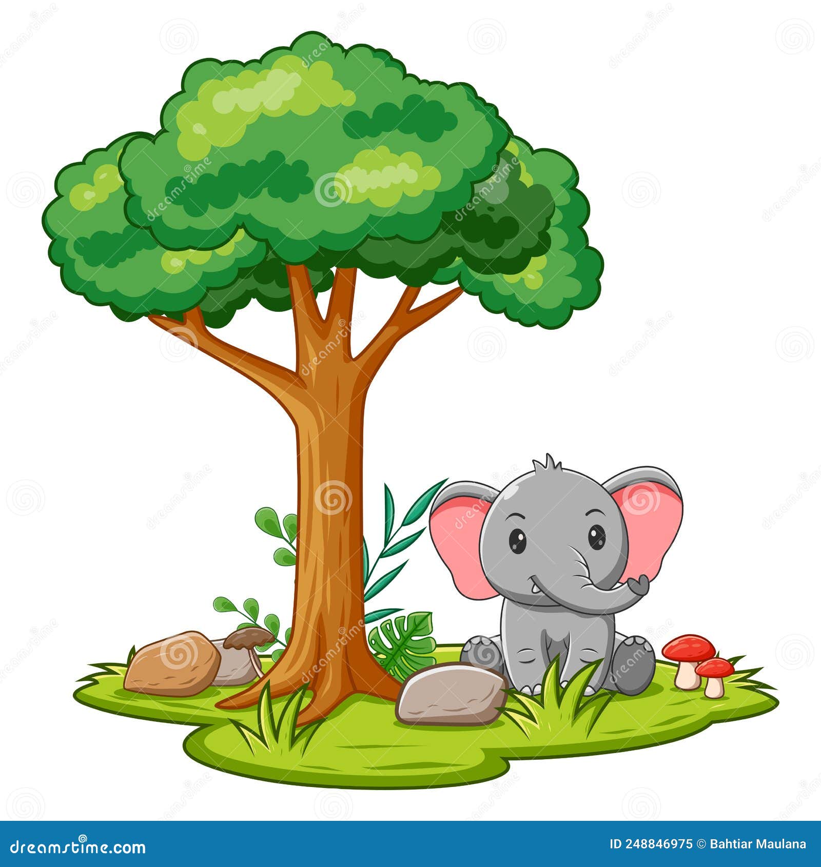 Elephant and Tree Cartoon Isolated on White Background, Vector ...