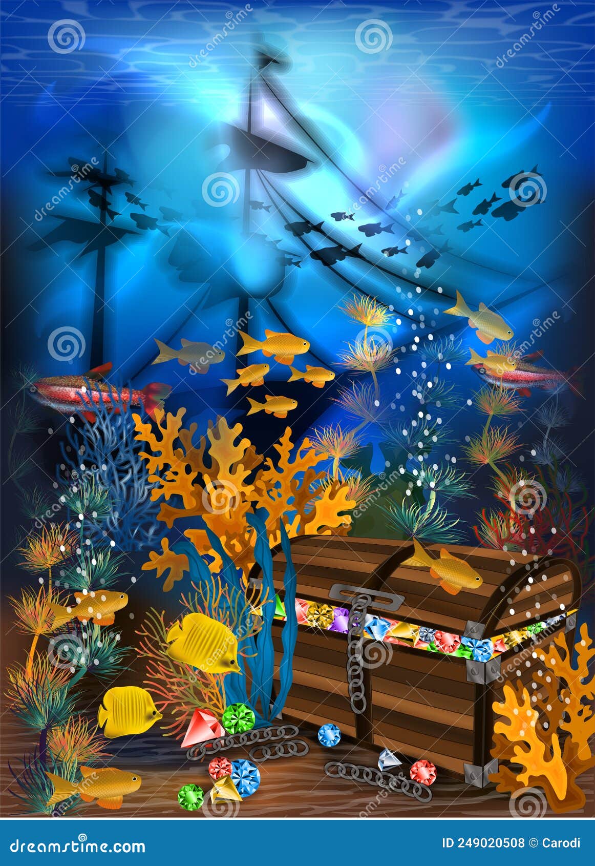 Underwater Card with Tropical Fish, Treasure Chest Box and Sunken Ship ...