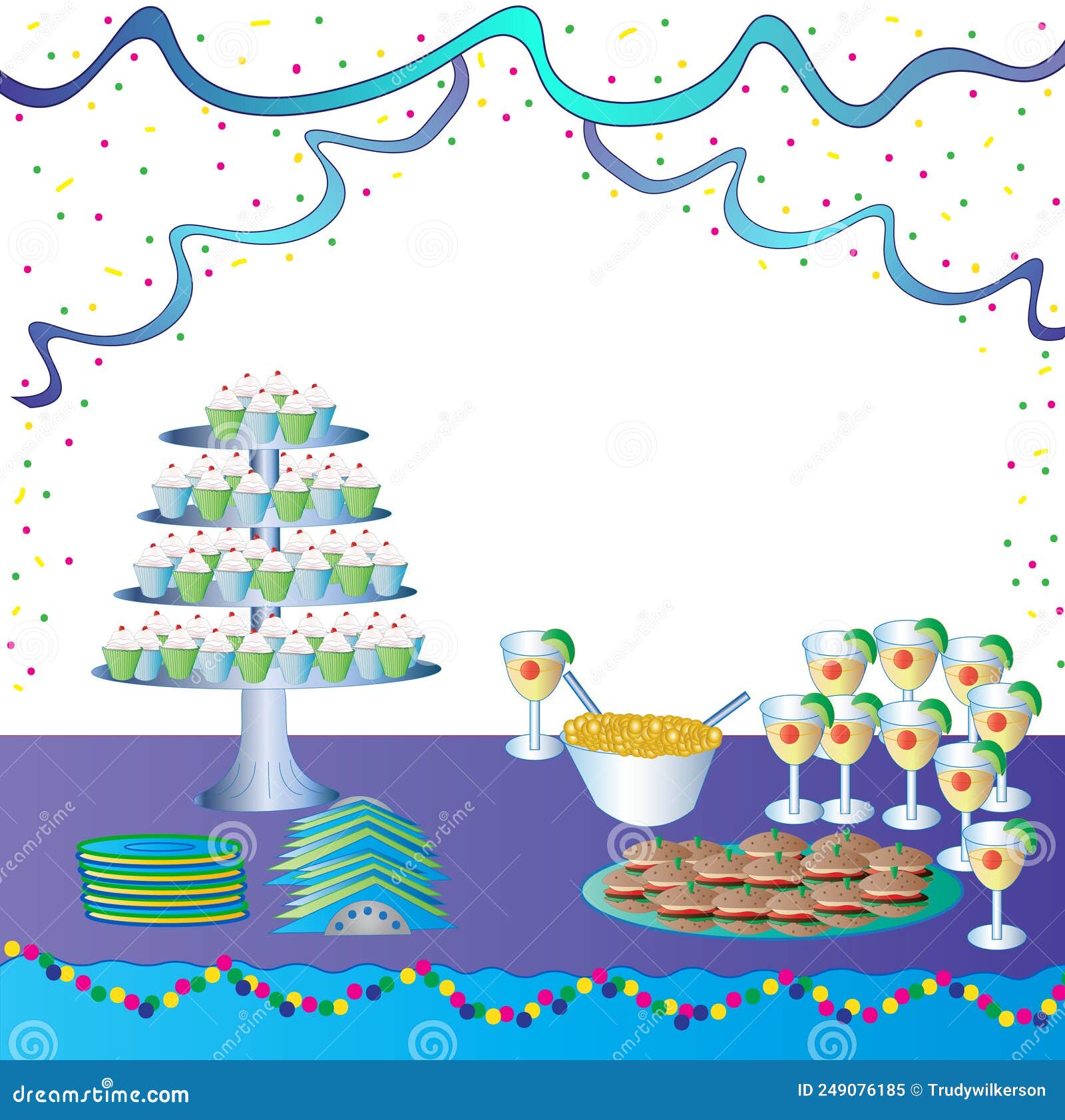Graphic Illustration of Party Table with Food and Decorations Stock ...