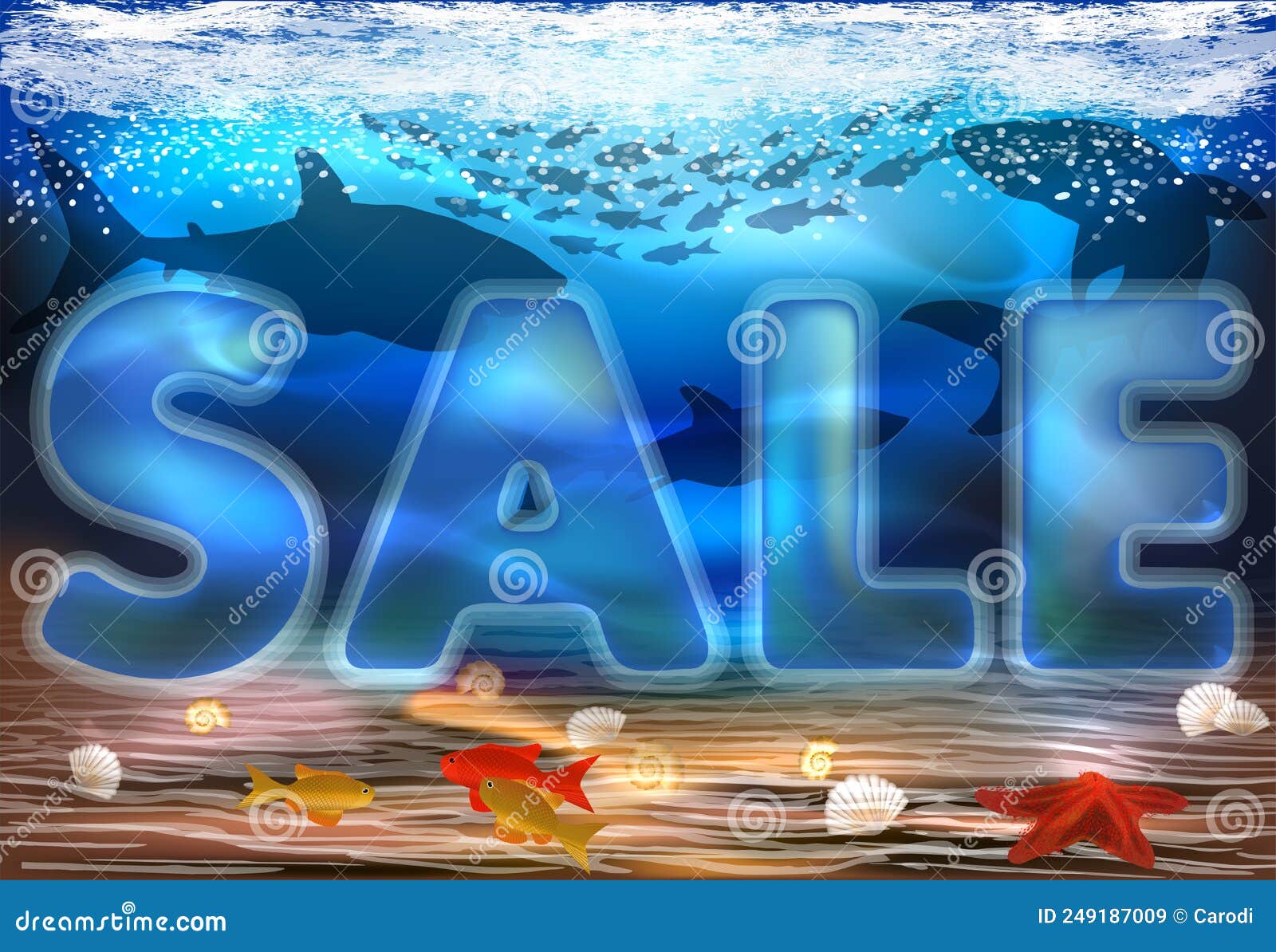 Sale Summer Underwater Card with Shark and Tropical Fish. Stock Vector ...