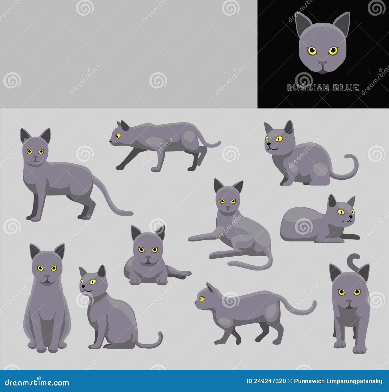 Cat Russian Blue Cartoon Vector Illustration Color Variation Set Stock ...