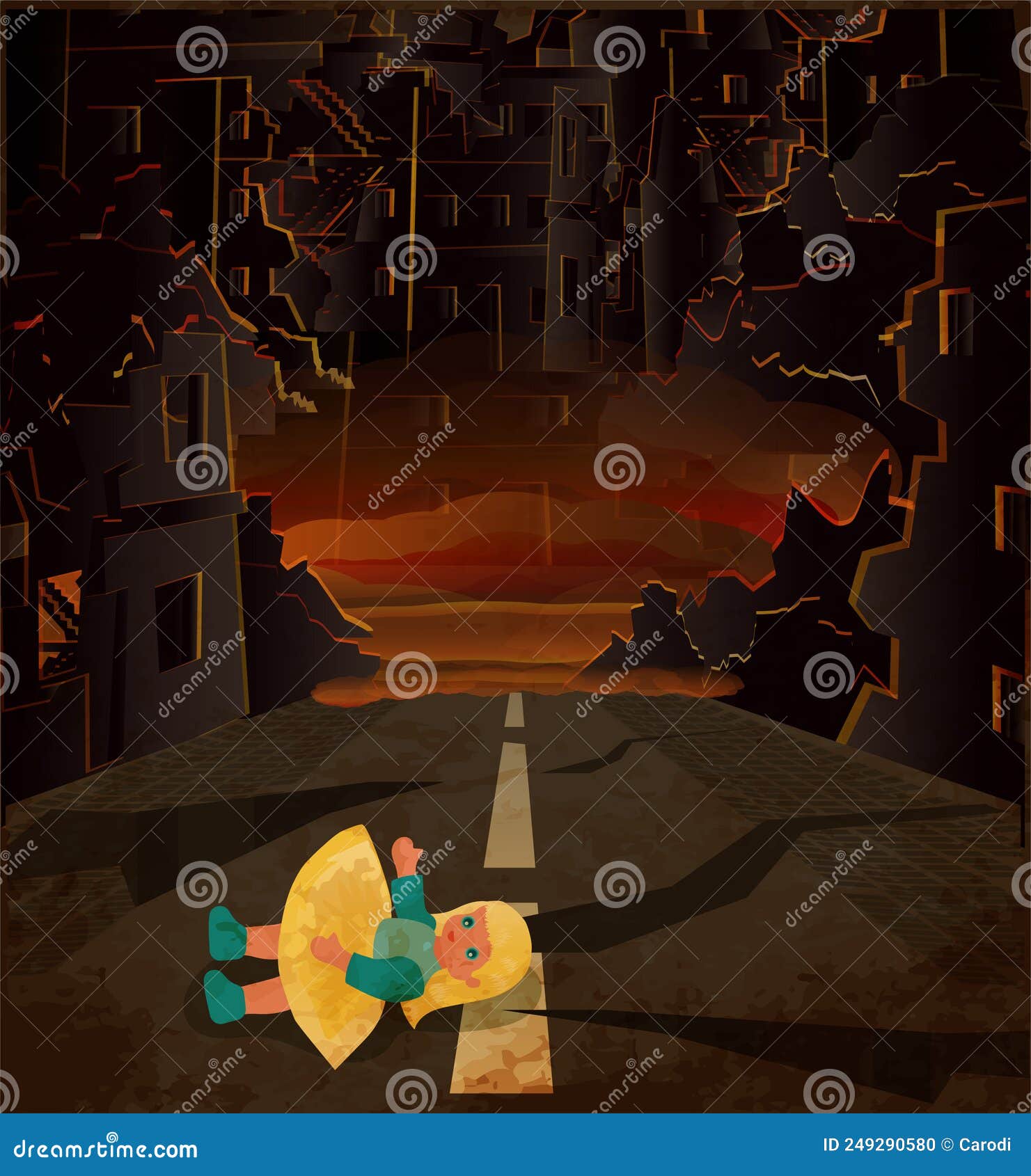 Stop War Card, Little Baby Doll in a Ruined Street. Stock Vector ...