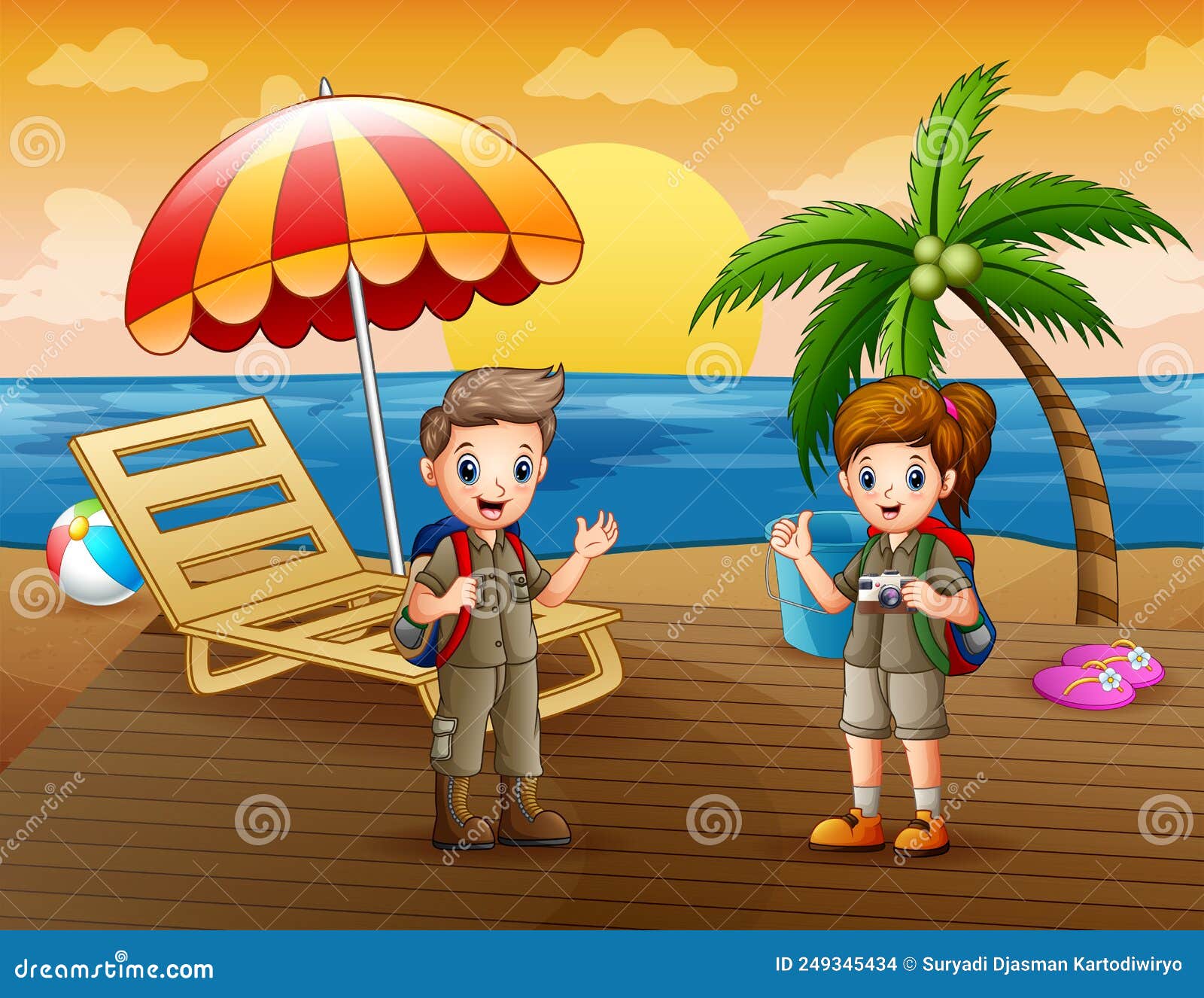 Cartoon of Two Teenagers Explore on the Beach Stock Vector ...