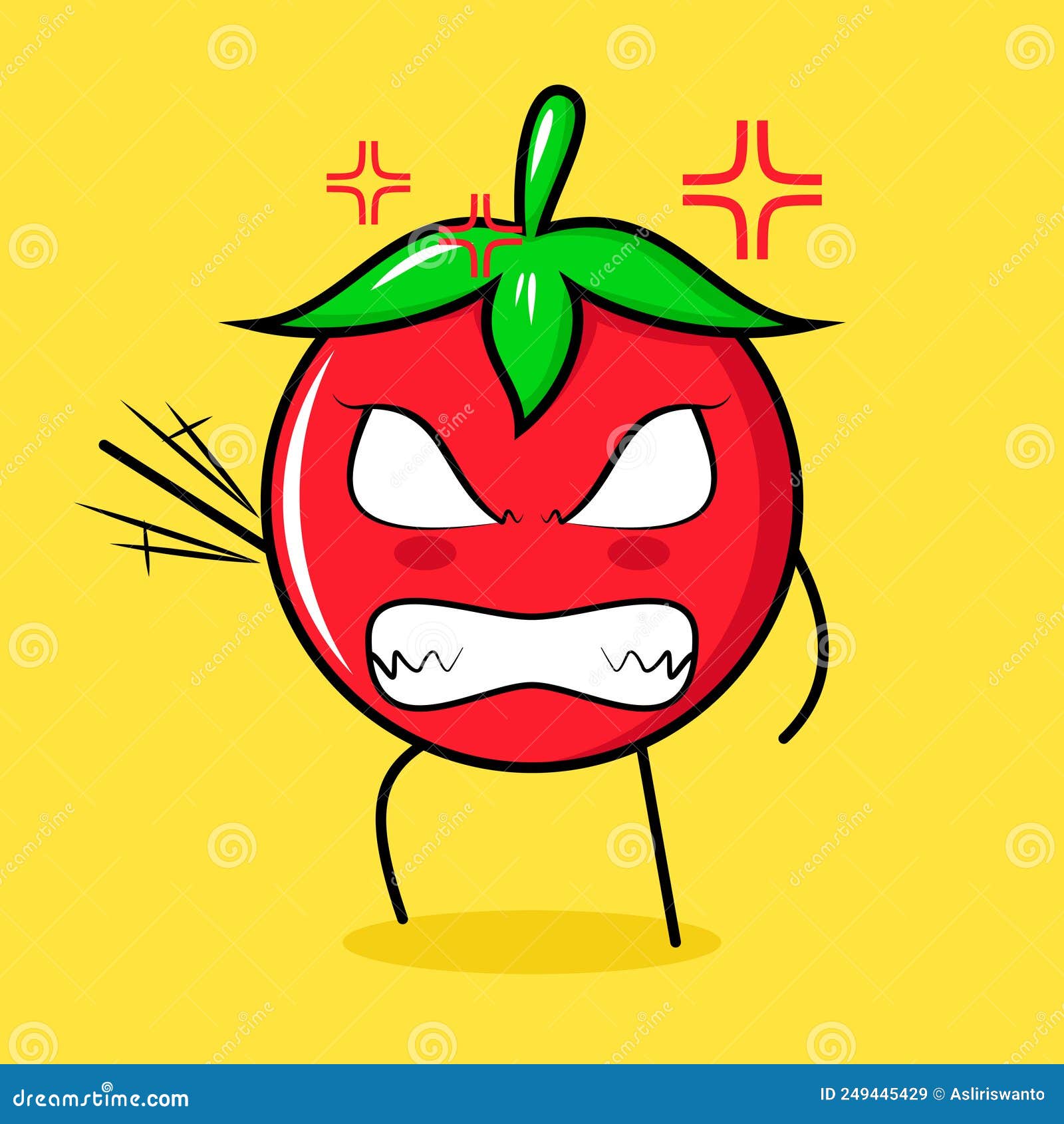 Cute Tomato Character with Angry Expression. One Hand Raised, Eyes ...