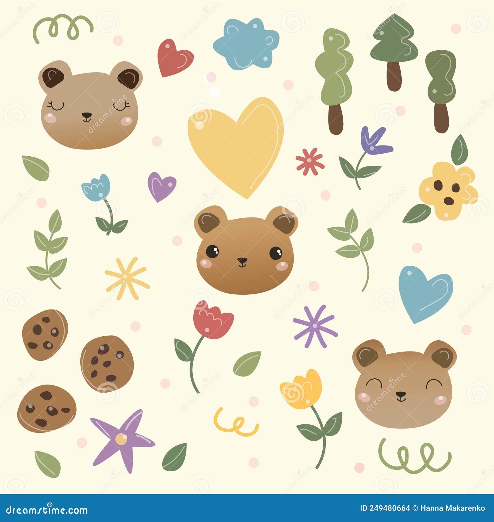 Set of Cute Summer Stickers. Three Bear Cubs, Cookies, Forest, Flowers ...