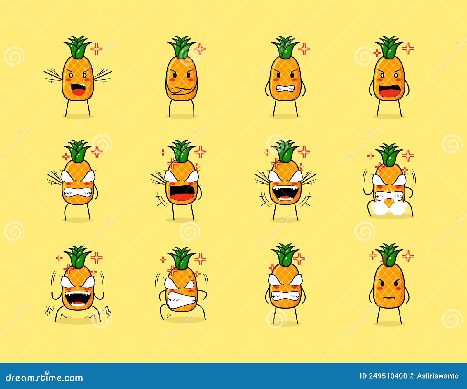 Pineapple,Angry Cute Emoji Sticker On Green Background Vector ...