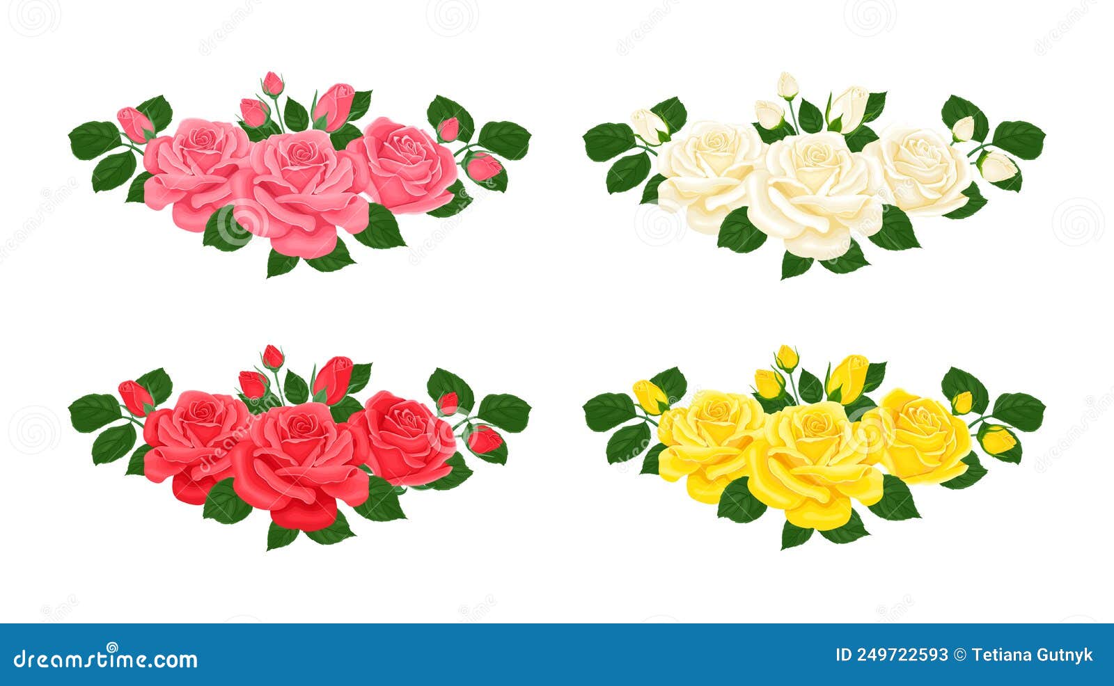 Set of Bouquets of Roses in Different Colors. Vector Cartoon Horizontal ...