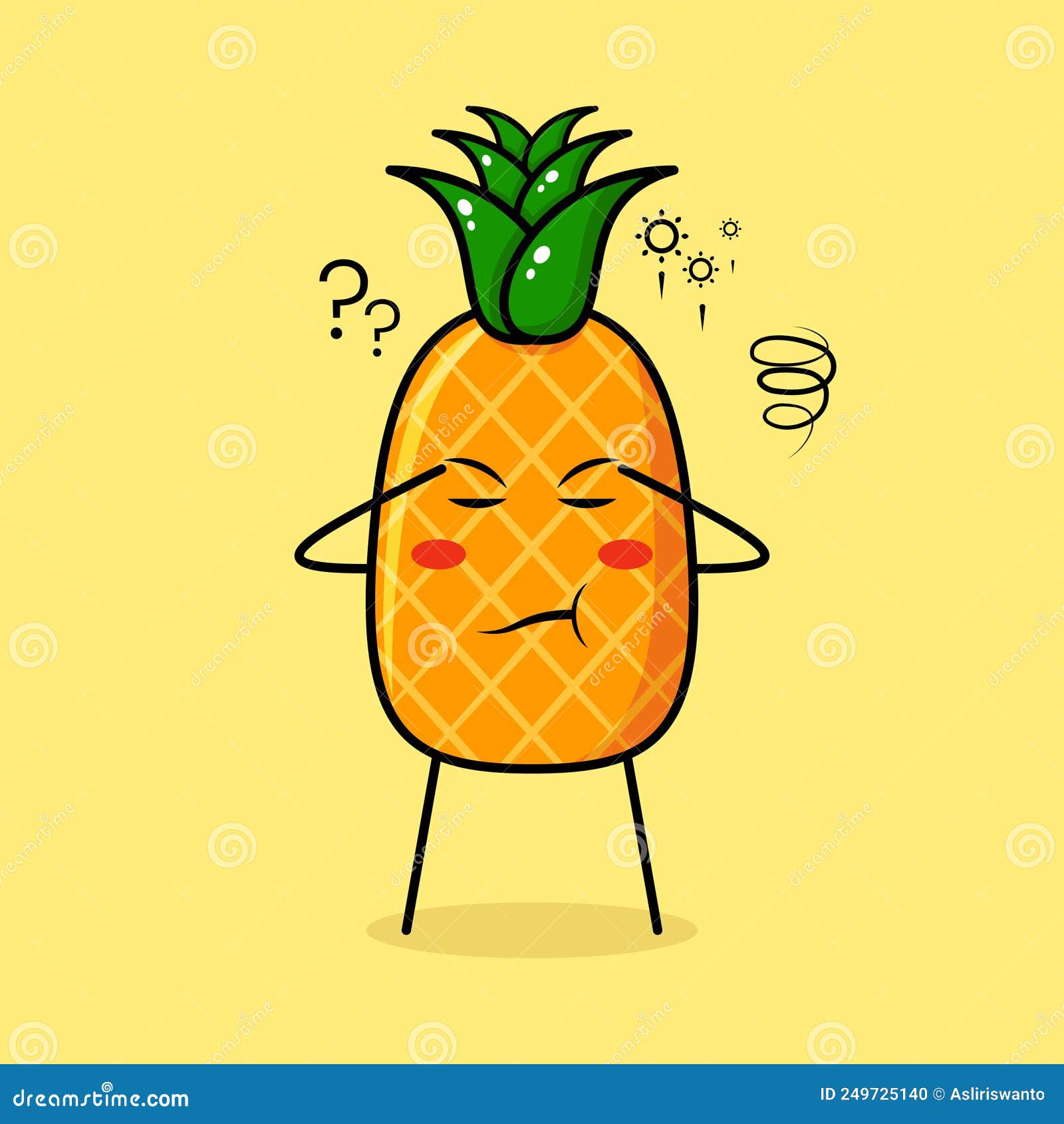 Cute Pineapple Character with Thinking Expression, Close Eyes and Two ...