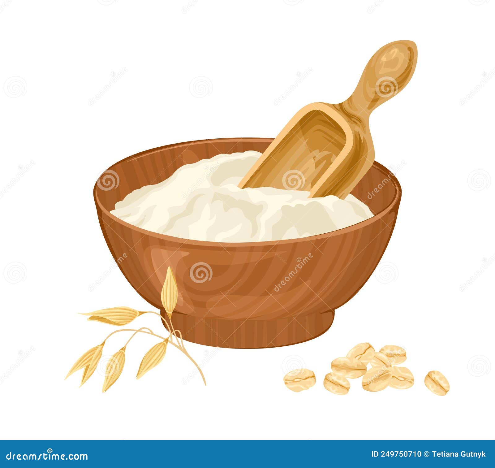 Oat Flour in Wooden Bowl, Spoon, Golden Ears and Flake Isolated. Stock ...