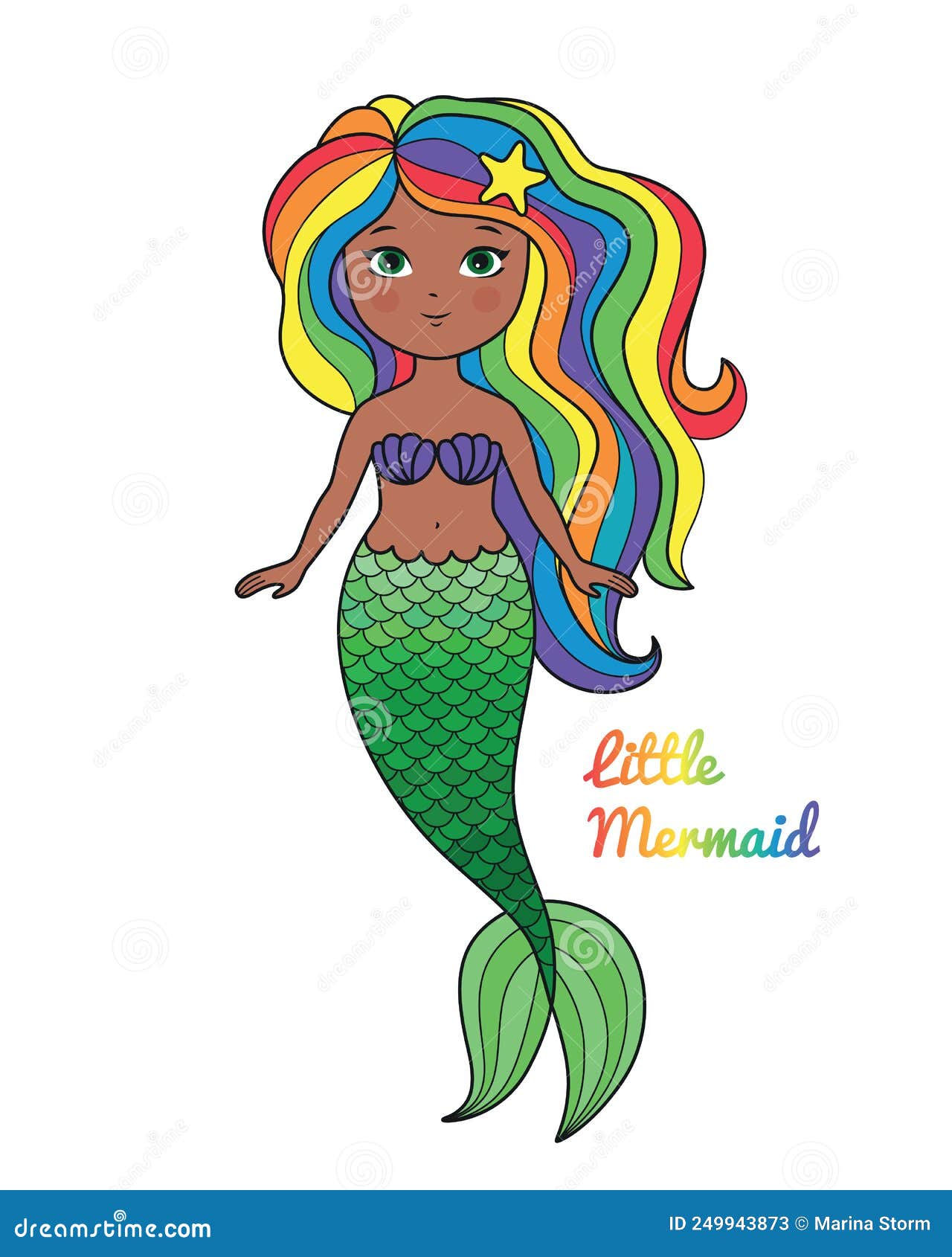 Little Cute Mermaid. LGBT Rainbow Hair. Afro American. Dark Skin Stock ...