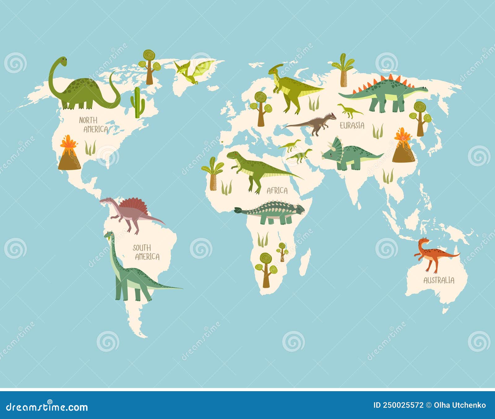 Print. World Map with Dinosaurs Stock Vector - Illustration of ...