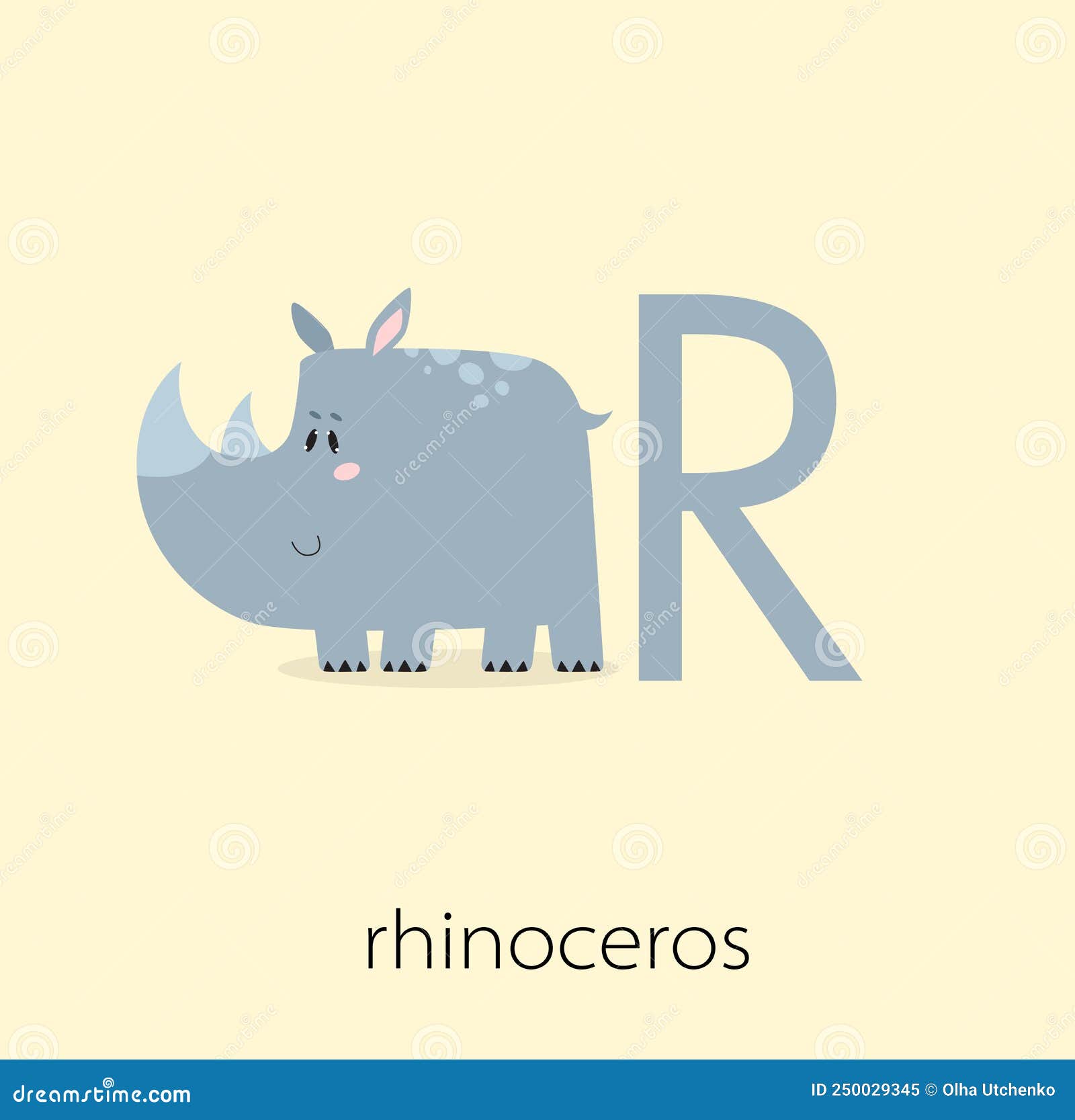 Print. Card Letter `R` with Rhinoceros. Learning the English Alphabet ...