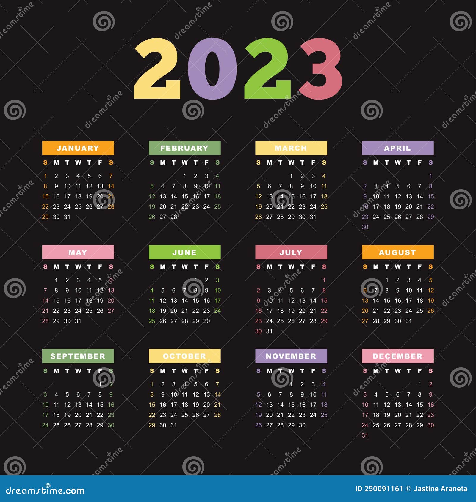 Colorful 2023 Calendar With Black Background Vector Design ...