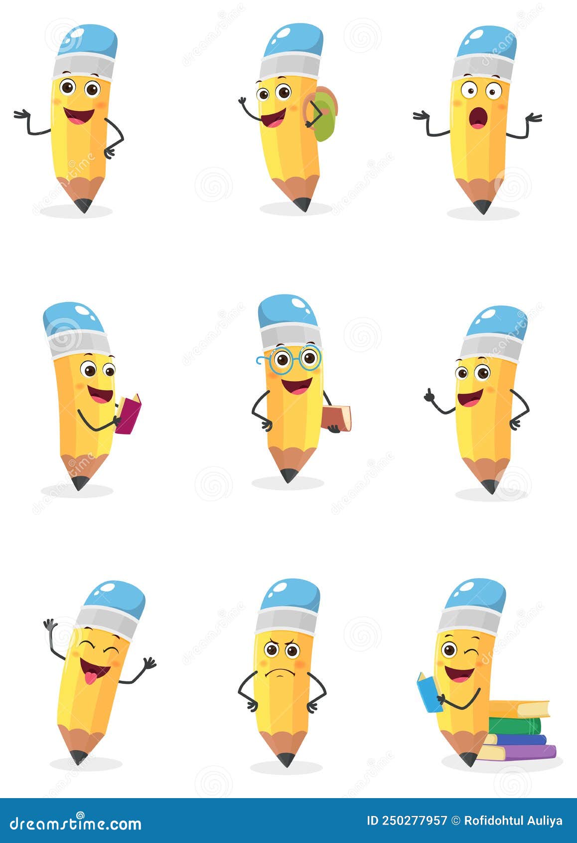 Cute Pencil Cartoon Character Set Stock Vector - Illustration of flat ...
