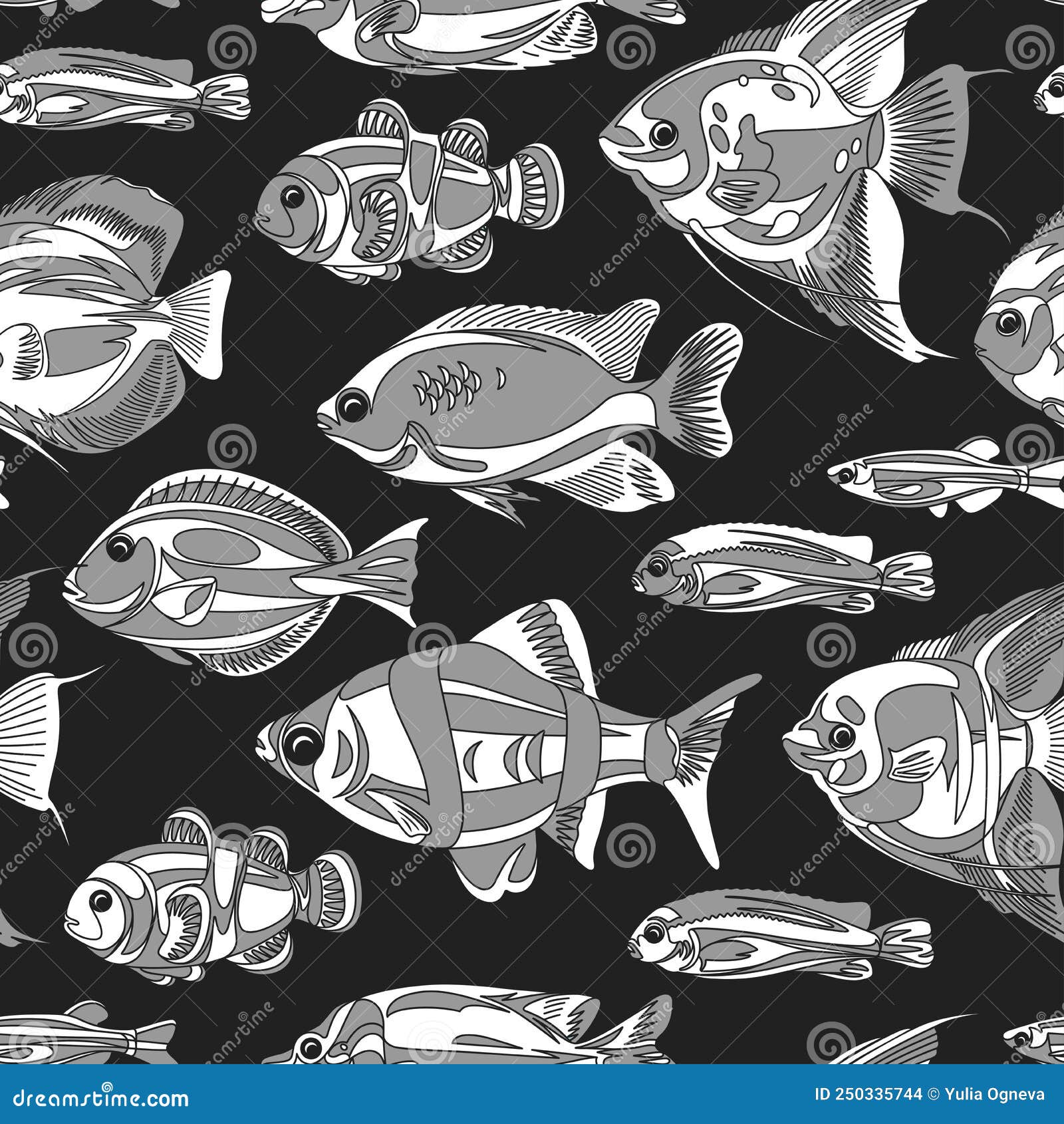 Seamless Pattern with White Fish Isolated on a Black Background ...