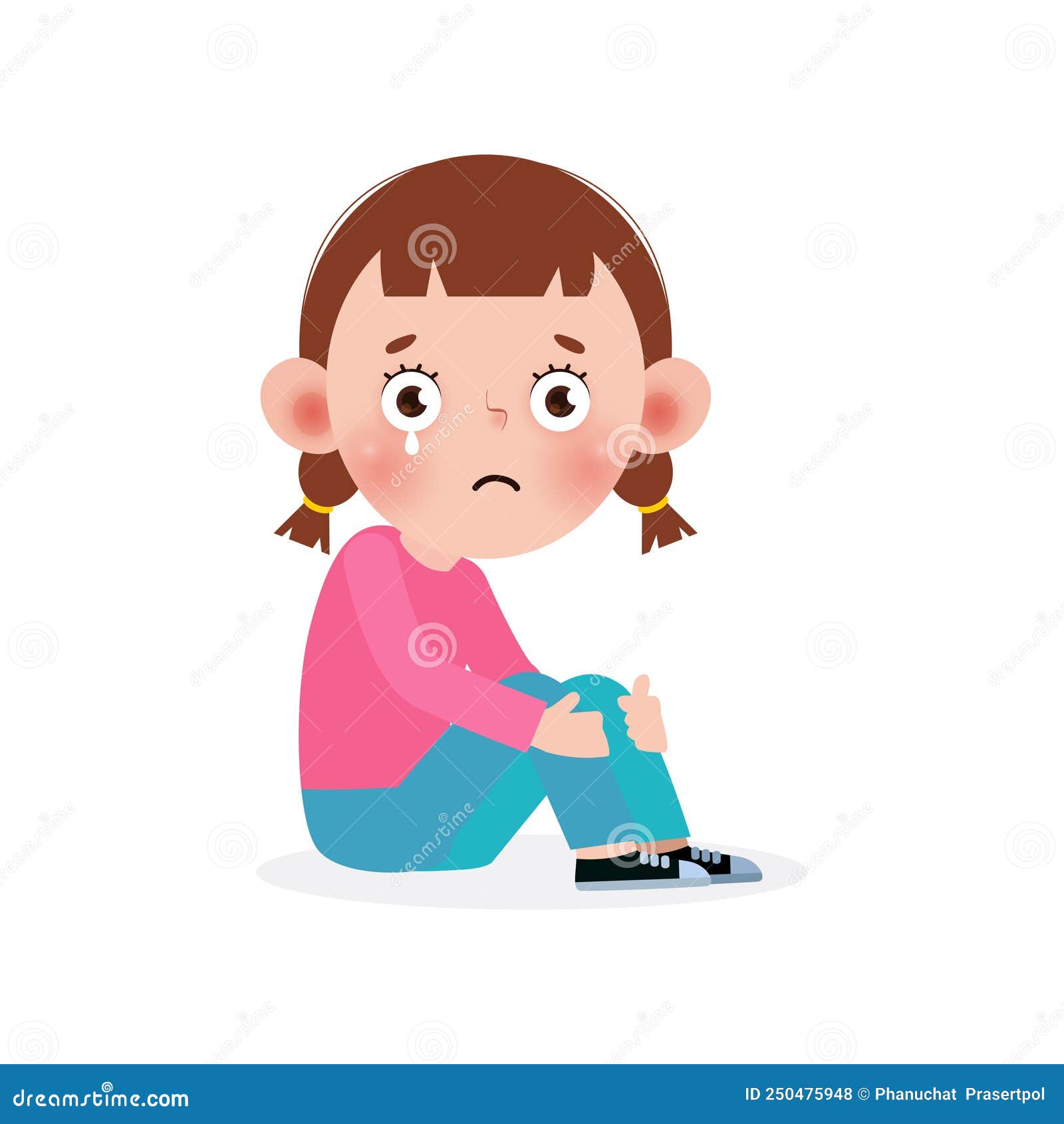 Depressed Child, Girl Sitting Alone, Upset Pose And Face Emotions ...