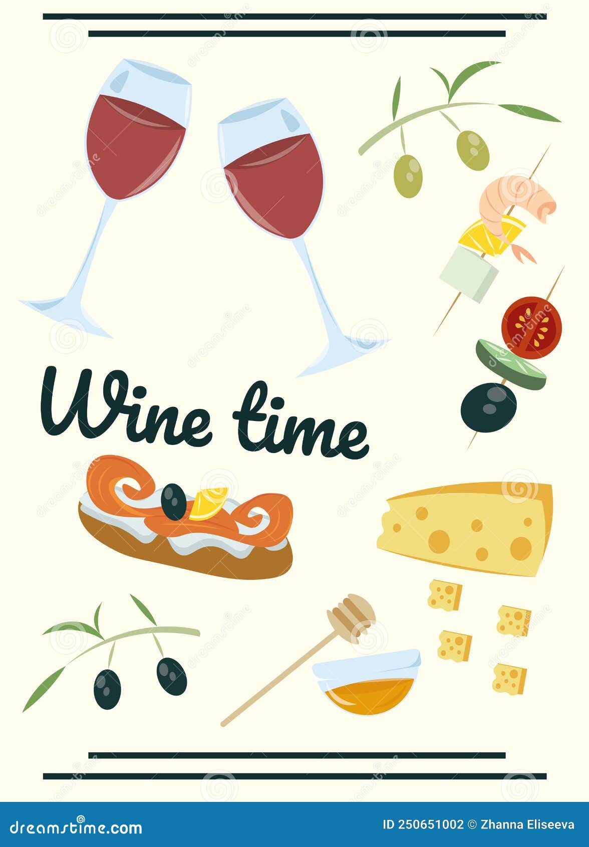 Poster "Wine Time" with Wine, Bruschetta, Olives, Cheese, Honey and ...
