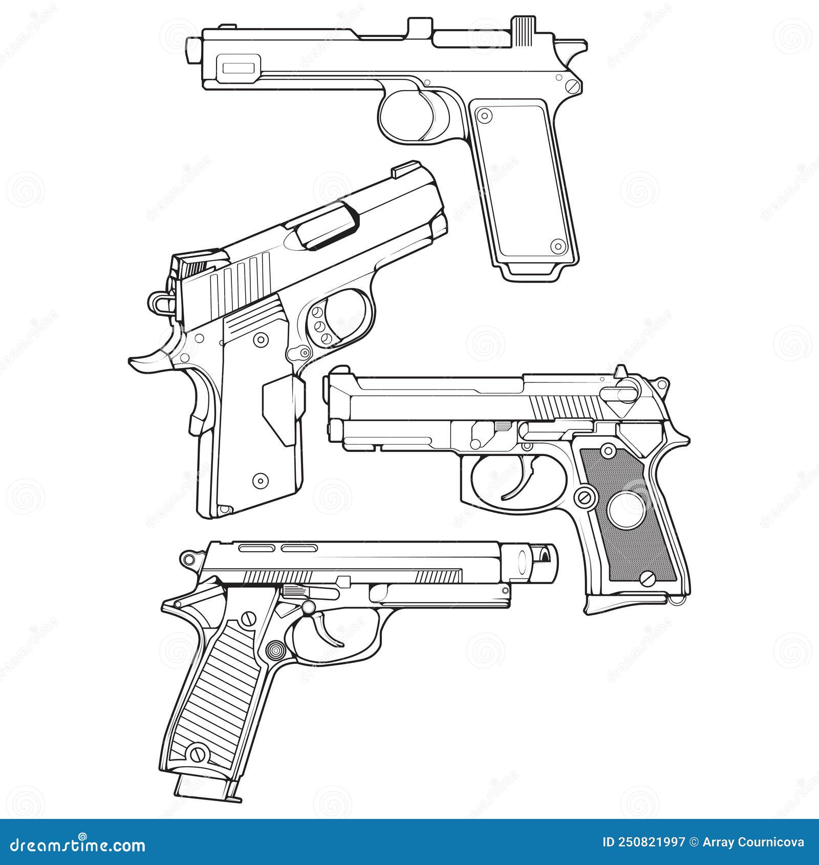 Set of Firearms Line Art Style, Shooting Gun, Weapon Illustration ...