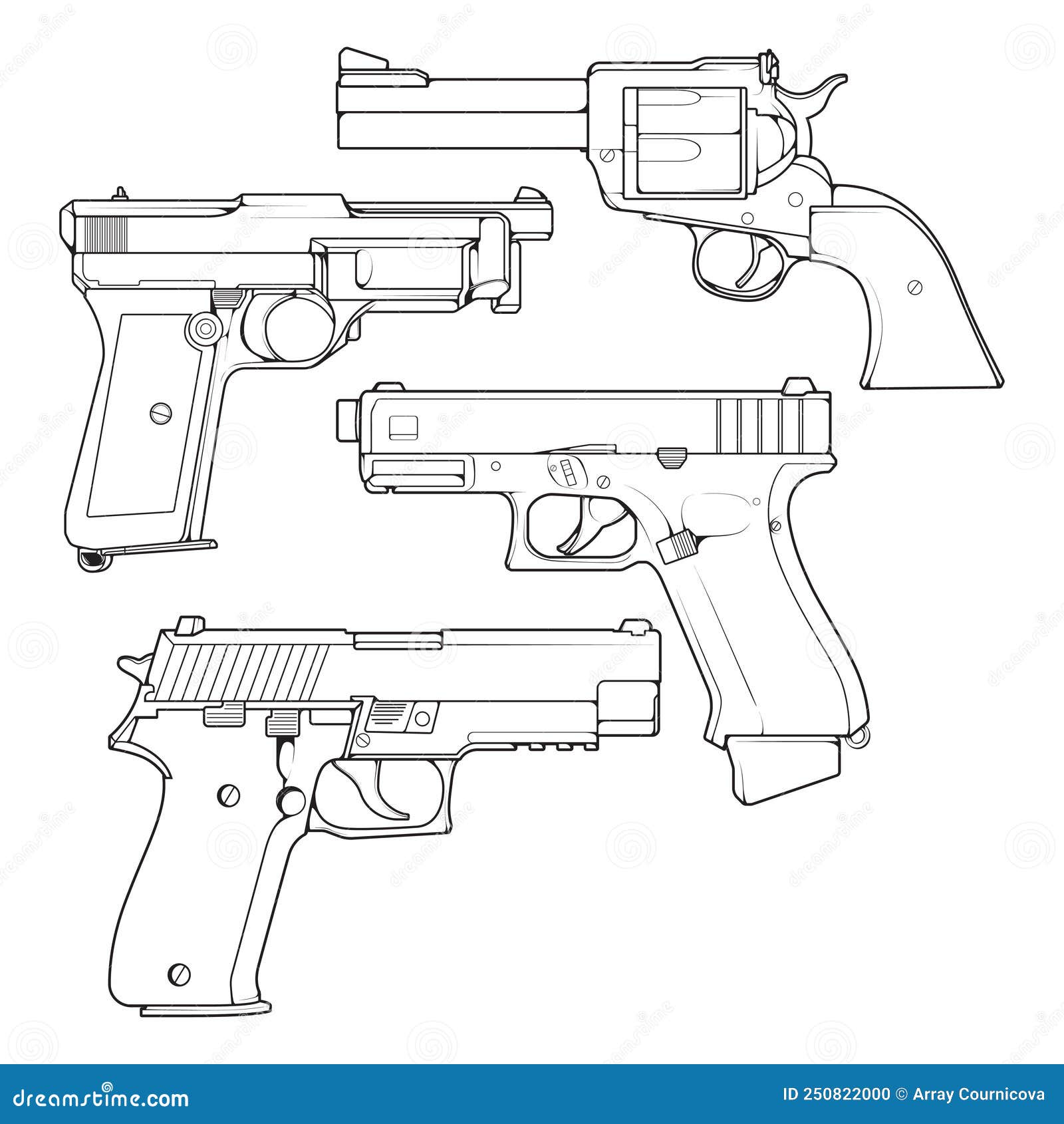 Set of Firearms Line Art Style, Shooting Gun, Weapon Illustration ...