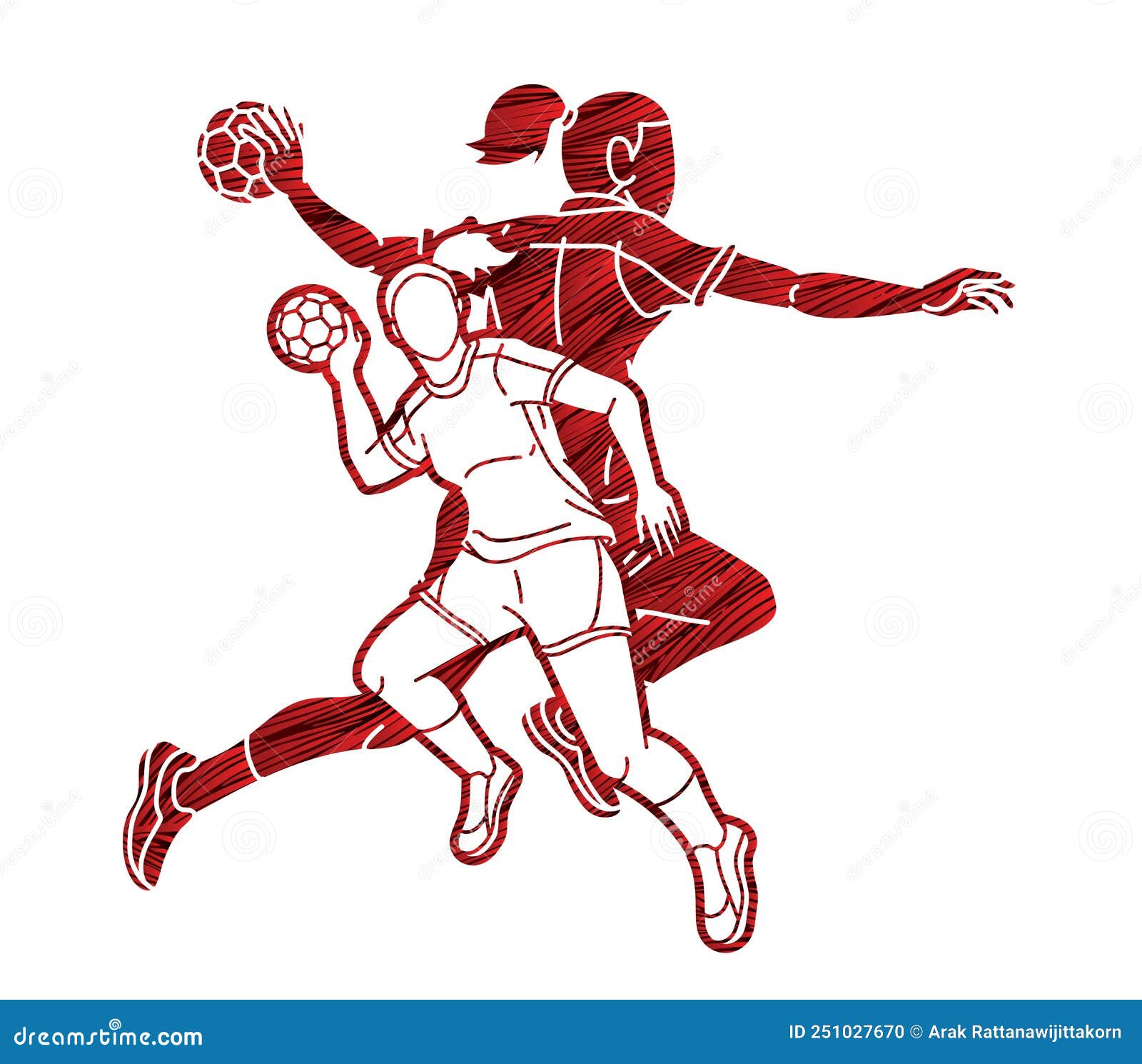 Group of Handball Female Players Sport Team Action Cartoon Graphic ...