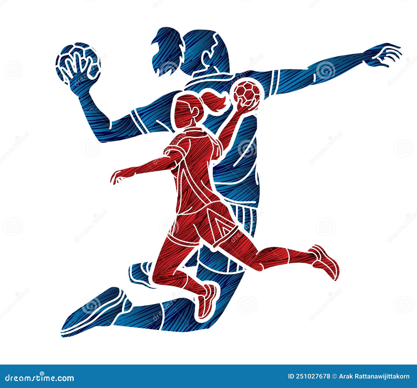 Group of Handball Female Players Sport Team Action Cartoon Graphic ...