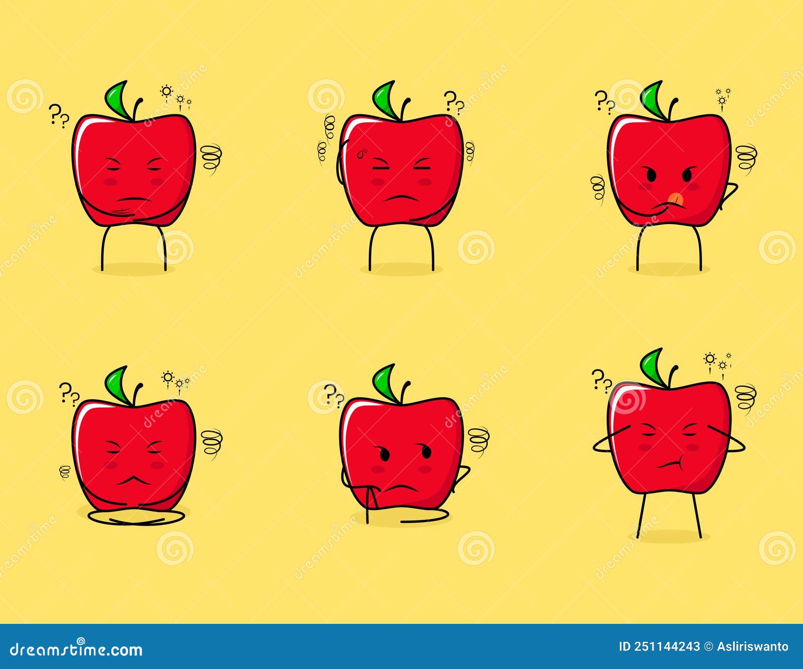 Set of Cute Red Apple Character with Thinking Expressions Stock Vector ...