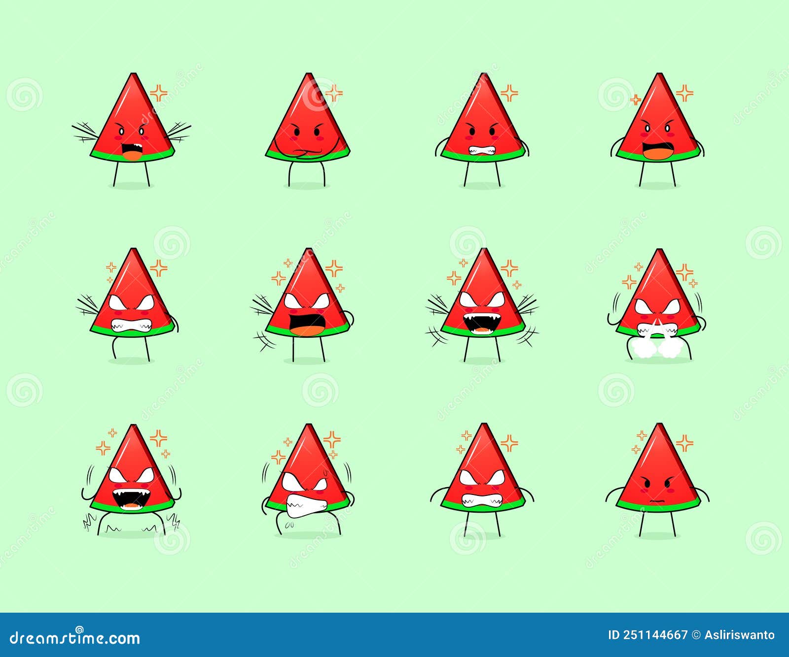 Set of Cute Watermelon Slice Character with Angry Expressions Stock ...