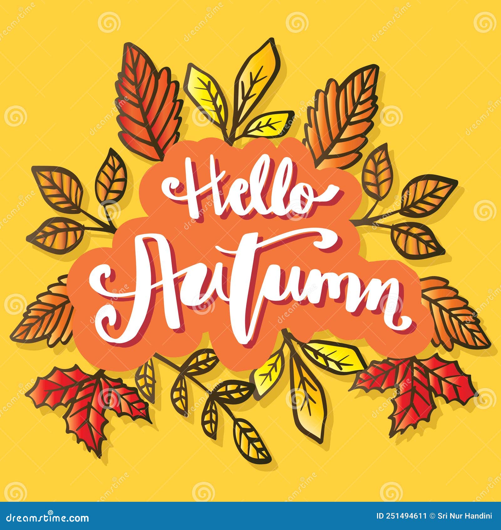 Hello Autumn Hand Lettering with Leaves Stock Illustration ...