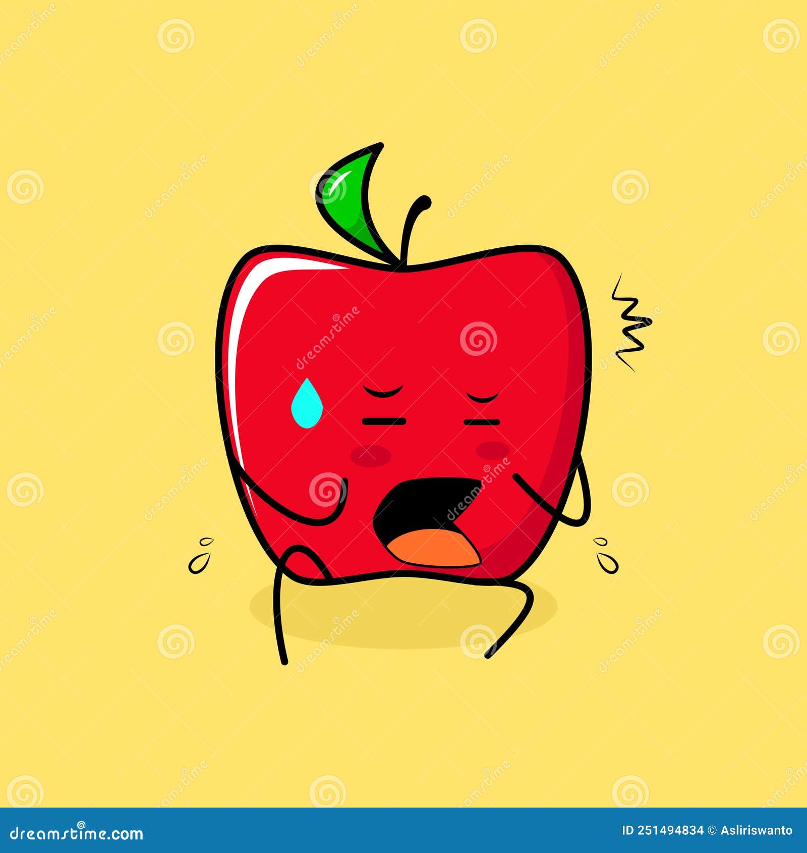Cute Red Apple Character with Afraid Expression and Sit Down Stock ...