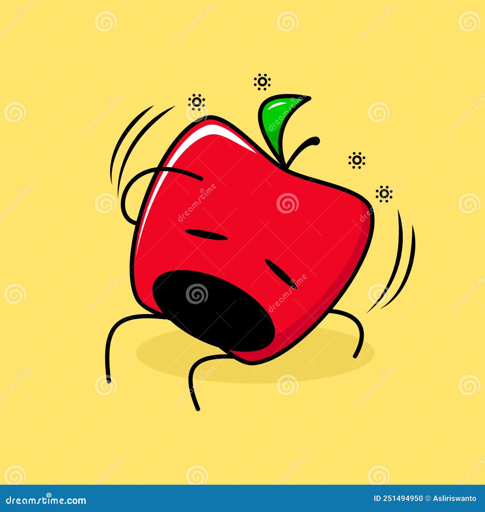 Cute Red Apple Character with Dizzy Expression, Mouth Open, Sit Down ...