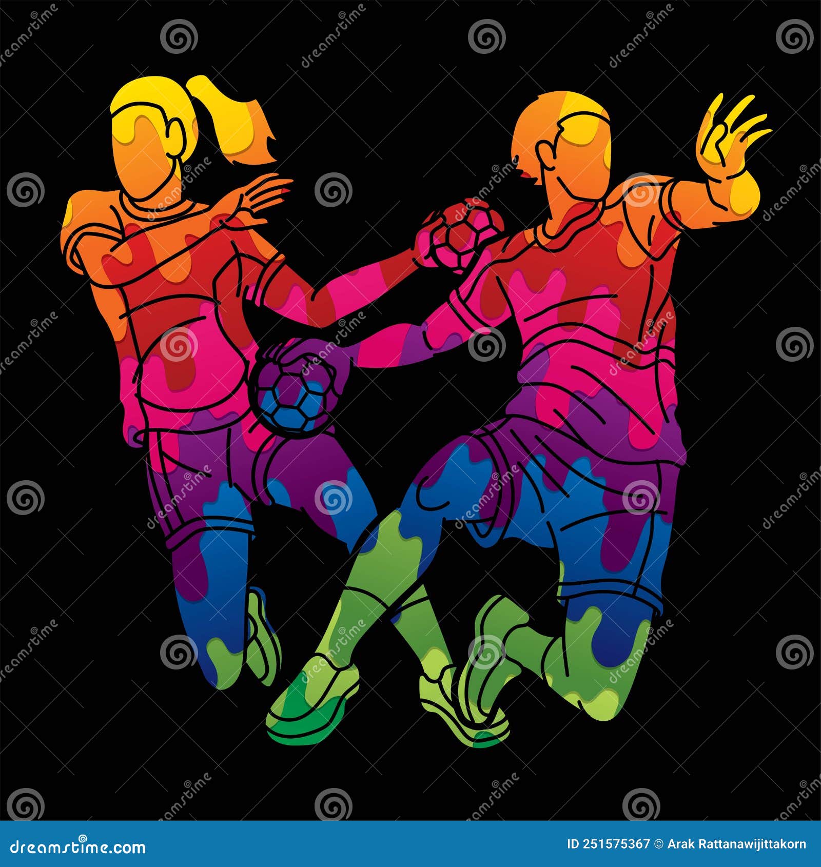 Group of Handball Players Male and Female Mix Action Cartoon Sport ...