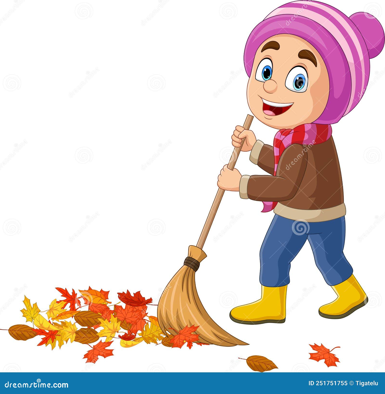 Cartoon Little Boy Raking Autumn Leaves Vector Illustration ...
