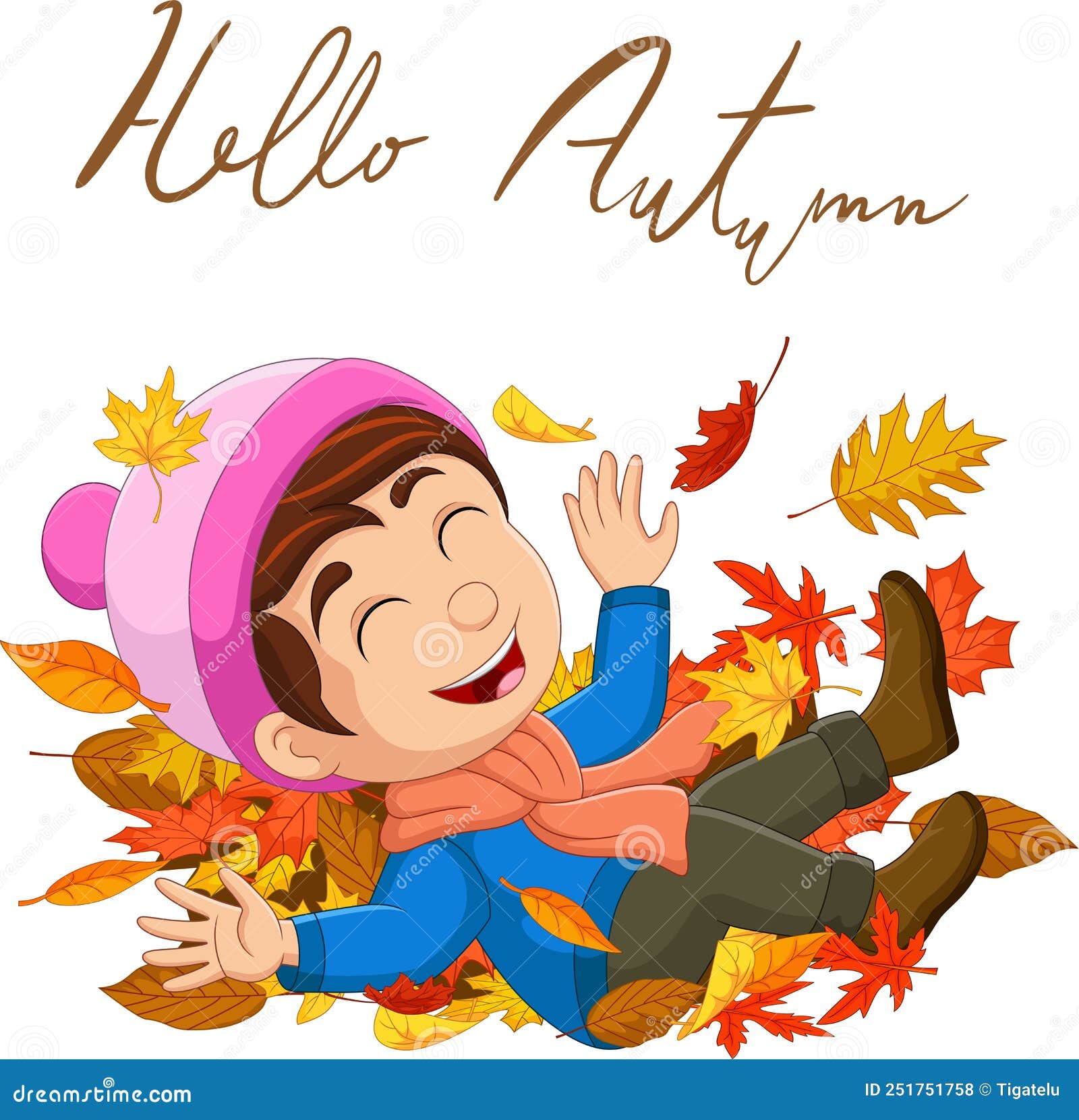 Cartoon Happy Little Boy with Autumn Leaves Stock Vector - Illustration ...