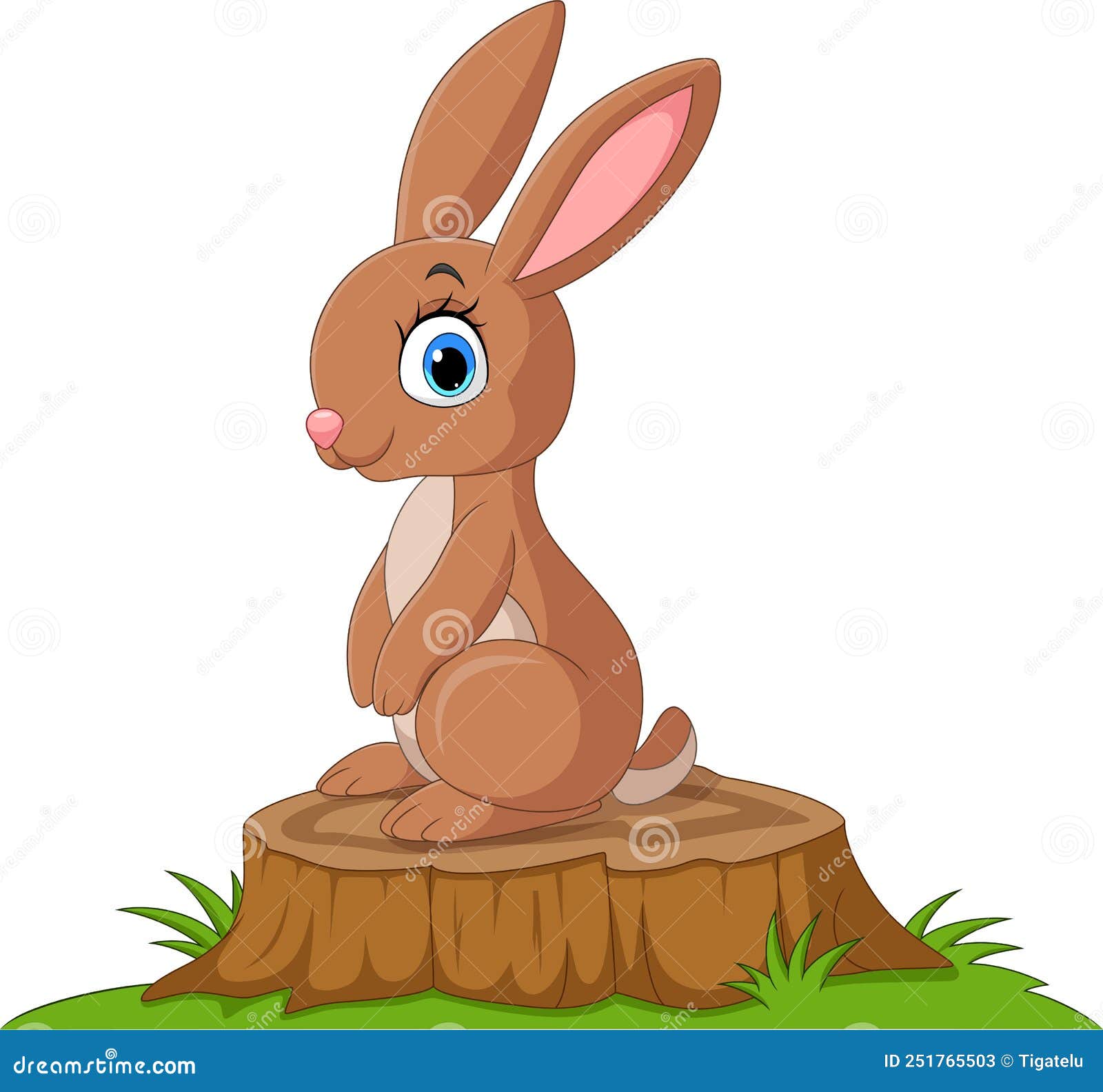 Cute Little Bunny Cartoon Sitting on Tree Stump Stock Vector ...