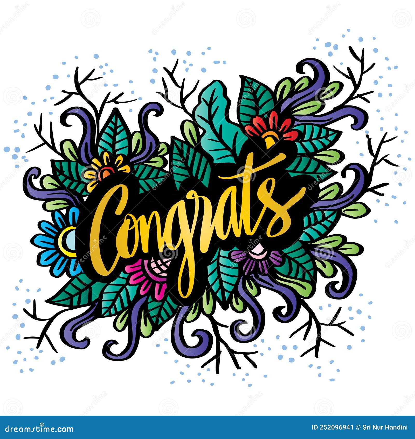 Word Congrats Hand Lettering Typography With Floral Background. Cartoon ...