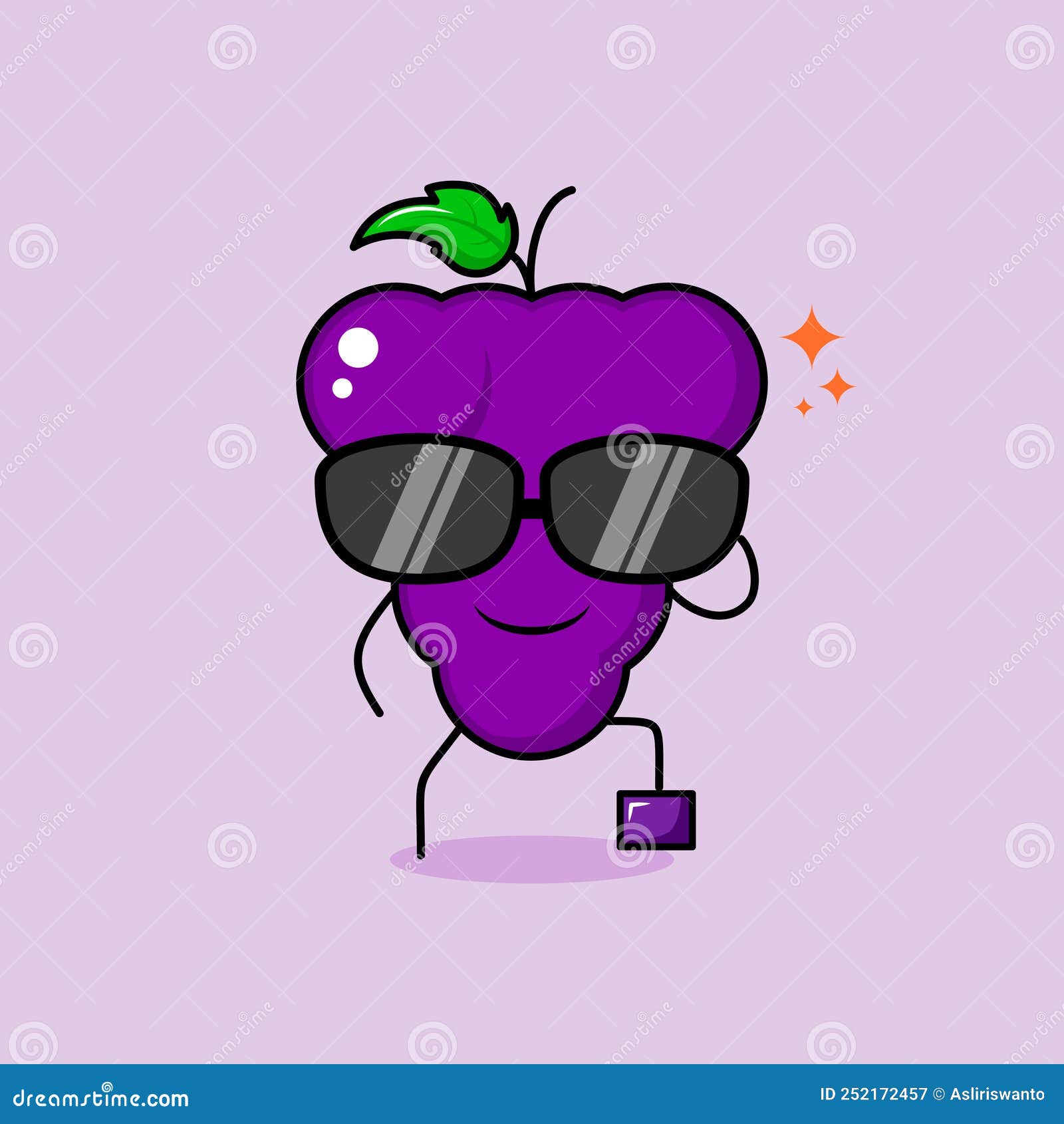 Cute Grape Character with Smile Expression, Black Eyeglasses, One Leg ...