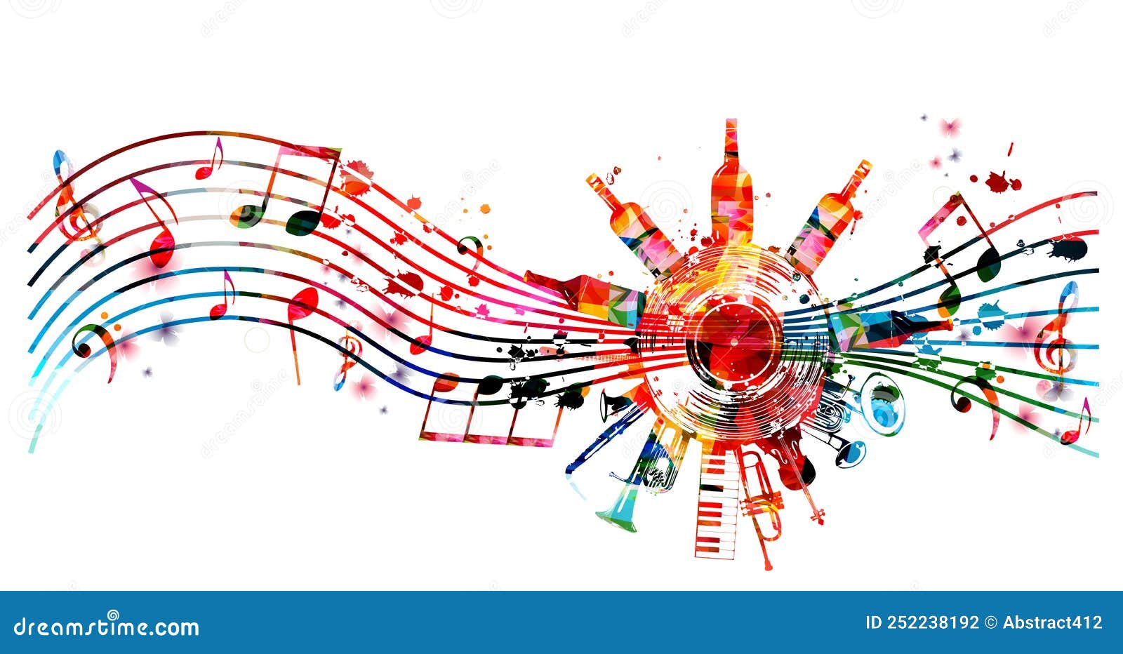 Music Promotional Poster with Musical Instruments, Notes and Bottles ...
