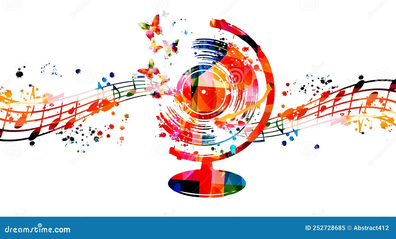World Music Concept. LP Record Disc Colorful Globe with Musical Notes ...