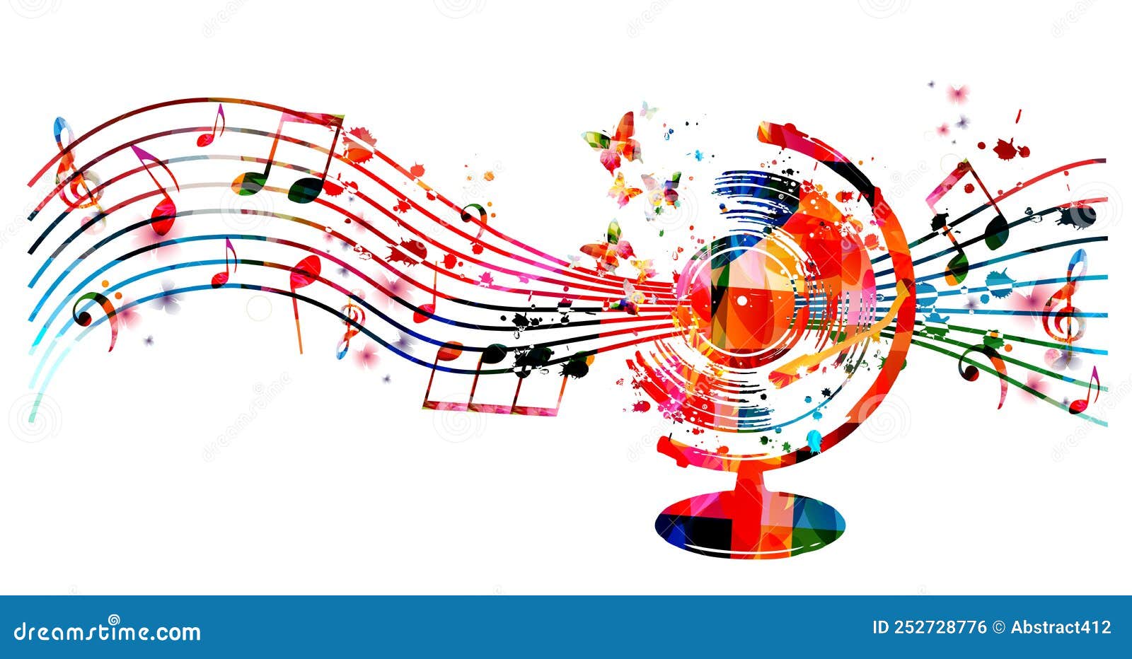 World Music Concept. LP Record Disc Colorful Globe with Musical Notes ...