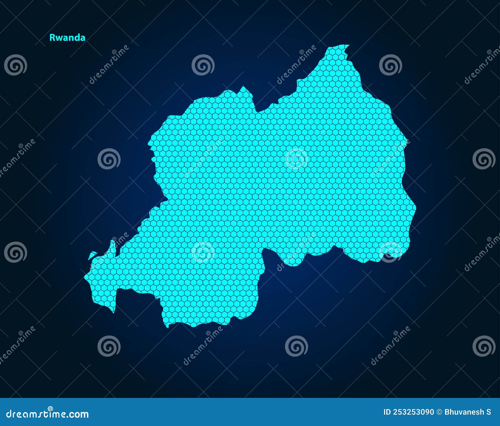 Honey Comb or Hexagon Textured Map of Rwanda Country Isolated on Dark ...