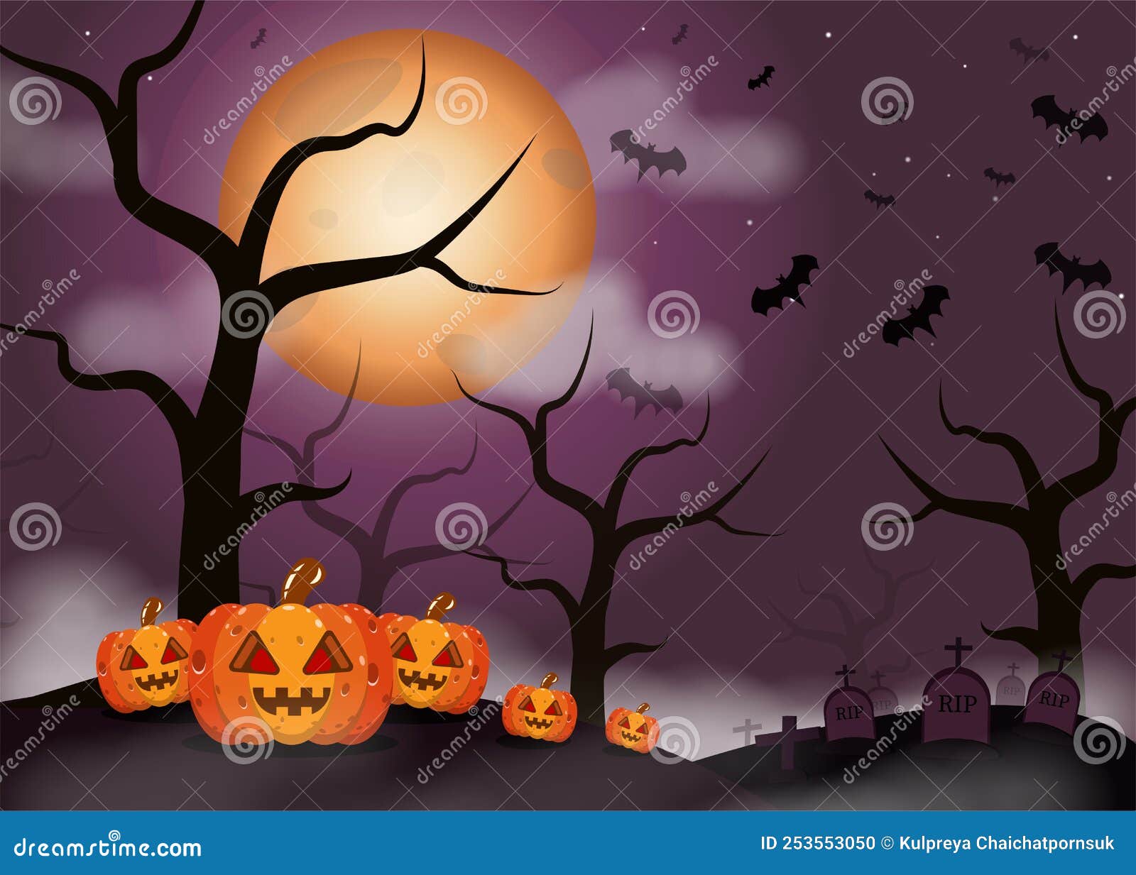 Halloween Has an Orange Round Moon. Devil S Pumpkin Below the Leafless ...