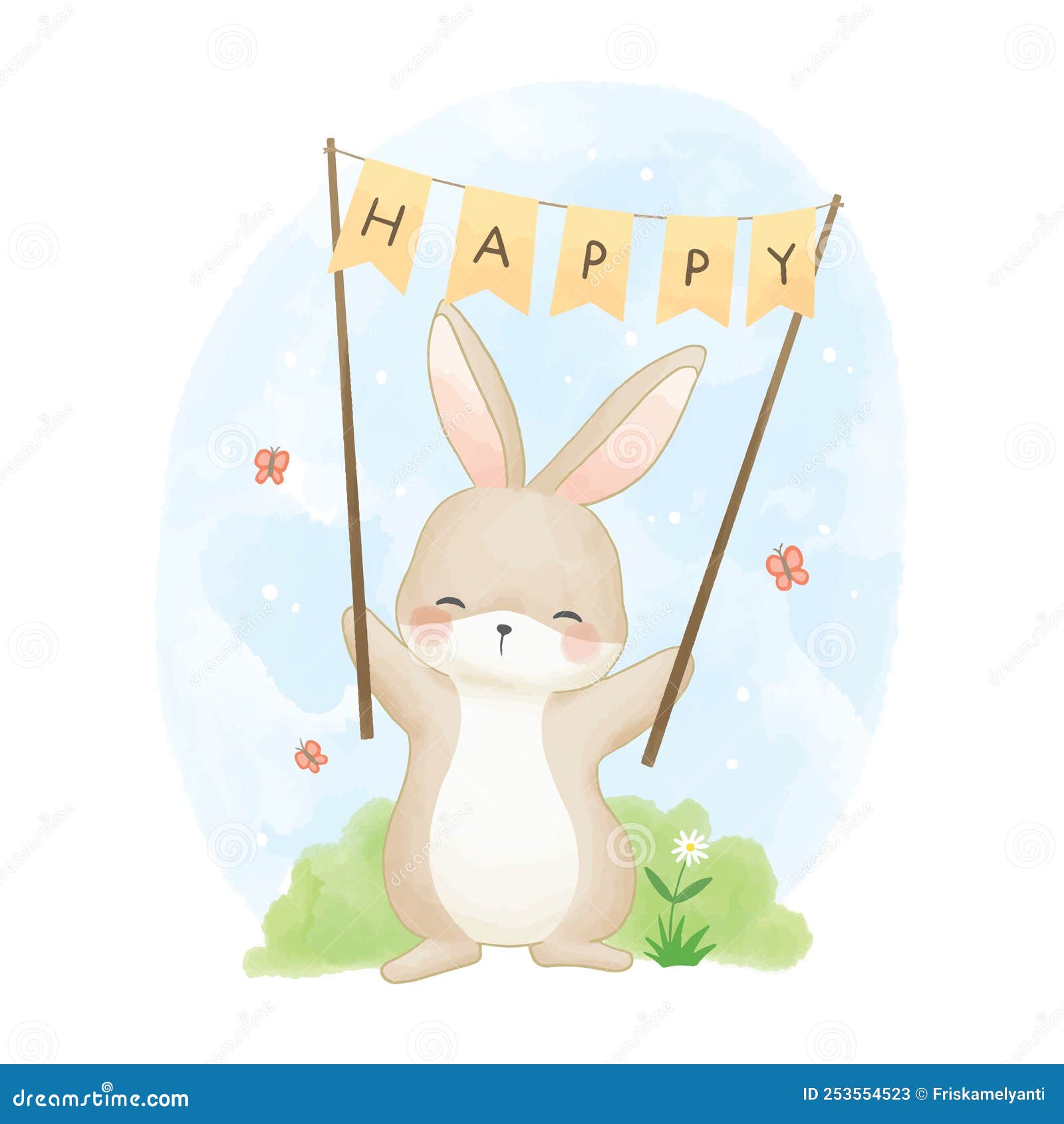 Cute Bunny Holding a Happy Banner Sign Vector Doodle Hand Drawn ...