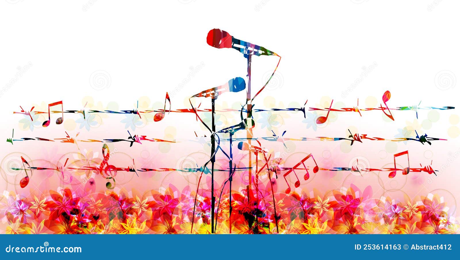 Colorful Musical Concept with Microphones and Musical Notes Attached To ...