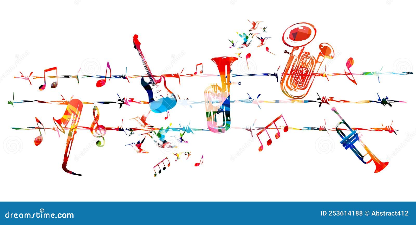 Colorful Musical Instruments with Musical Notes Attached To Barbed Wire ...