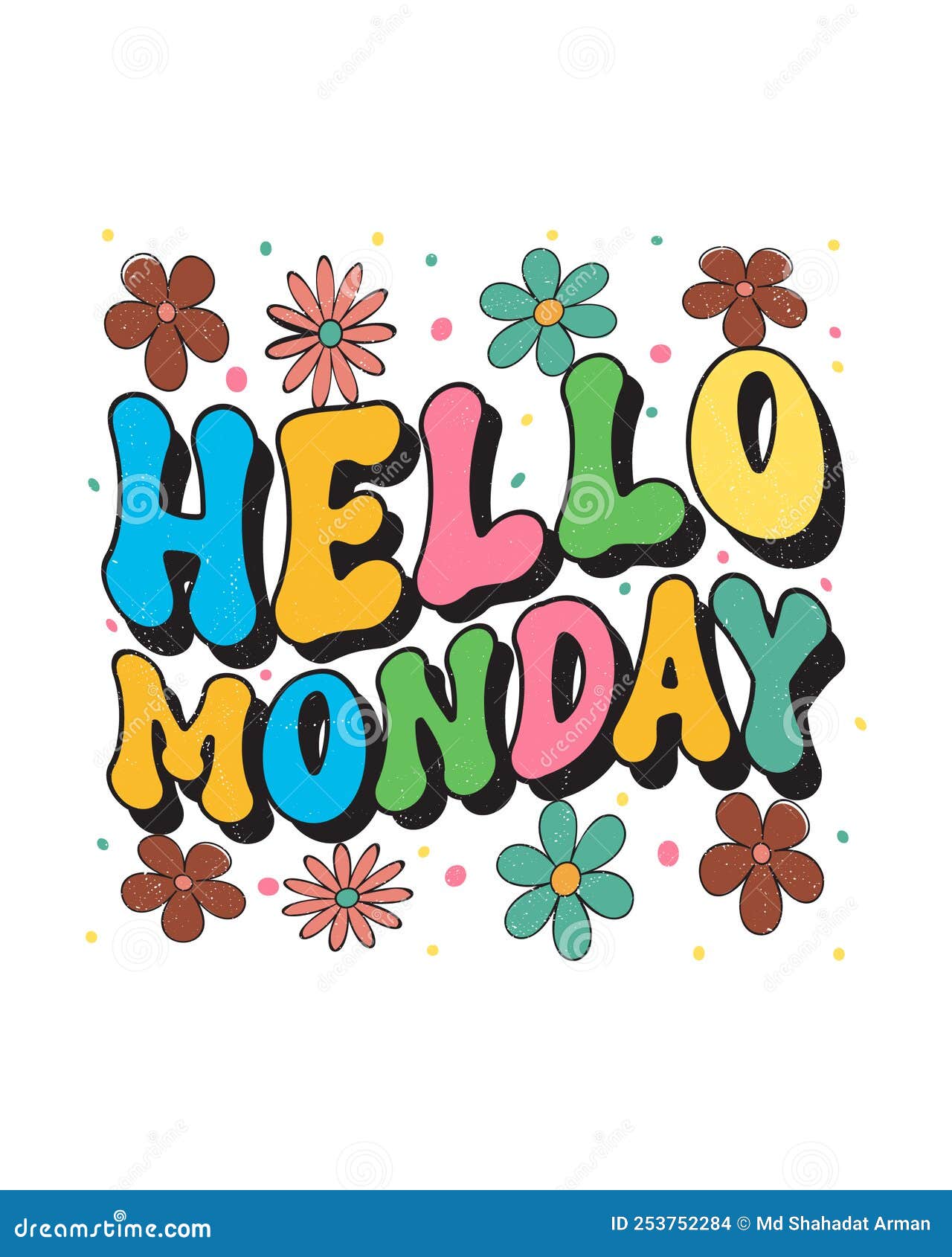 Hello Monday, Groovy Typography Vintage T-shirt Design, Stock Vector ...