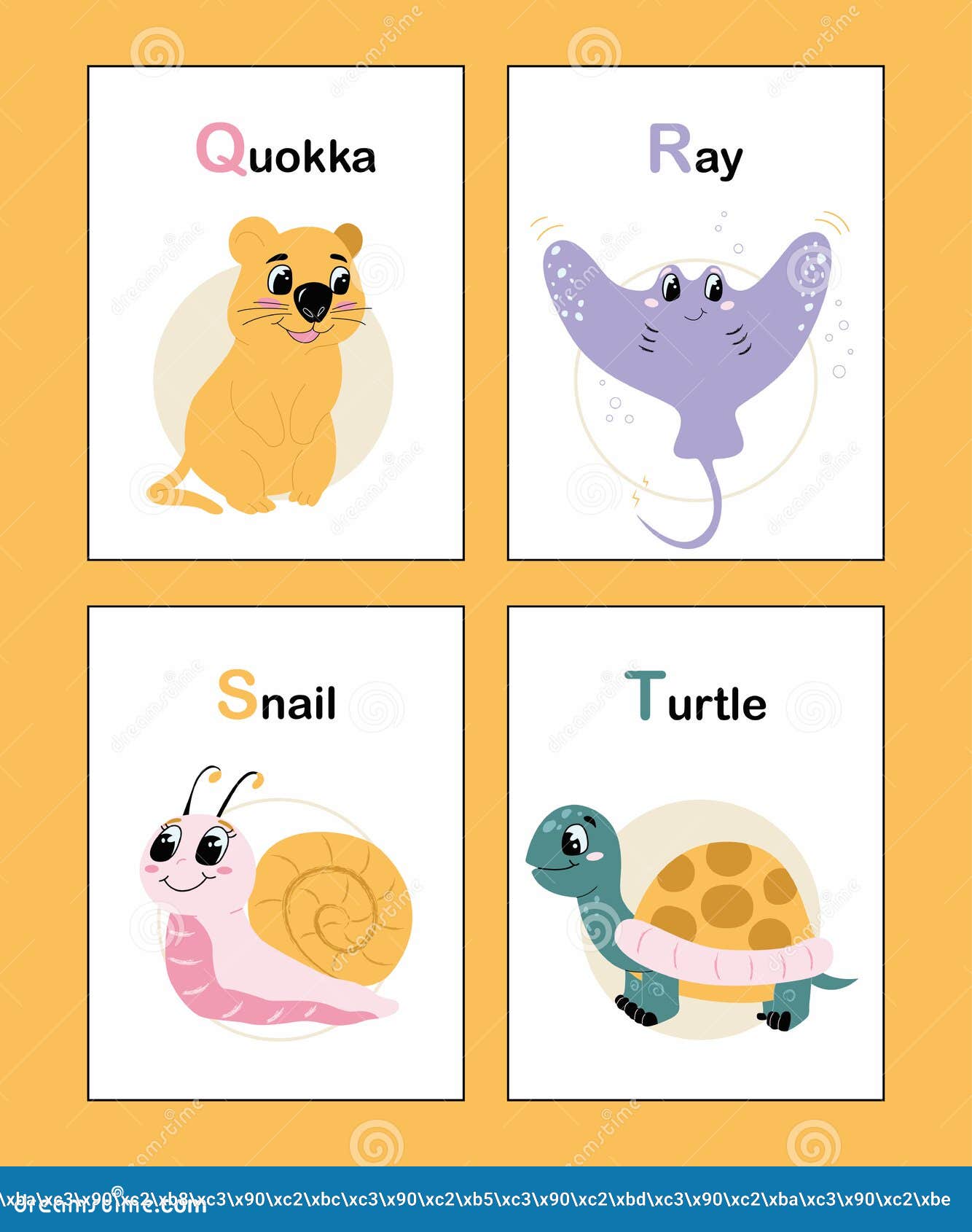 Educational Animal Alphabet Cards Q To T. Quokka, Ray, Snail, Turtle ...