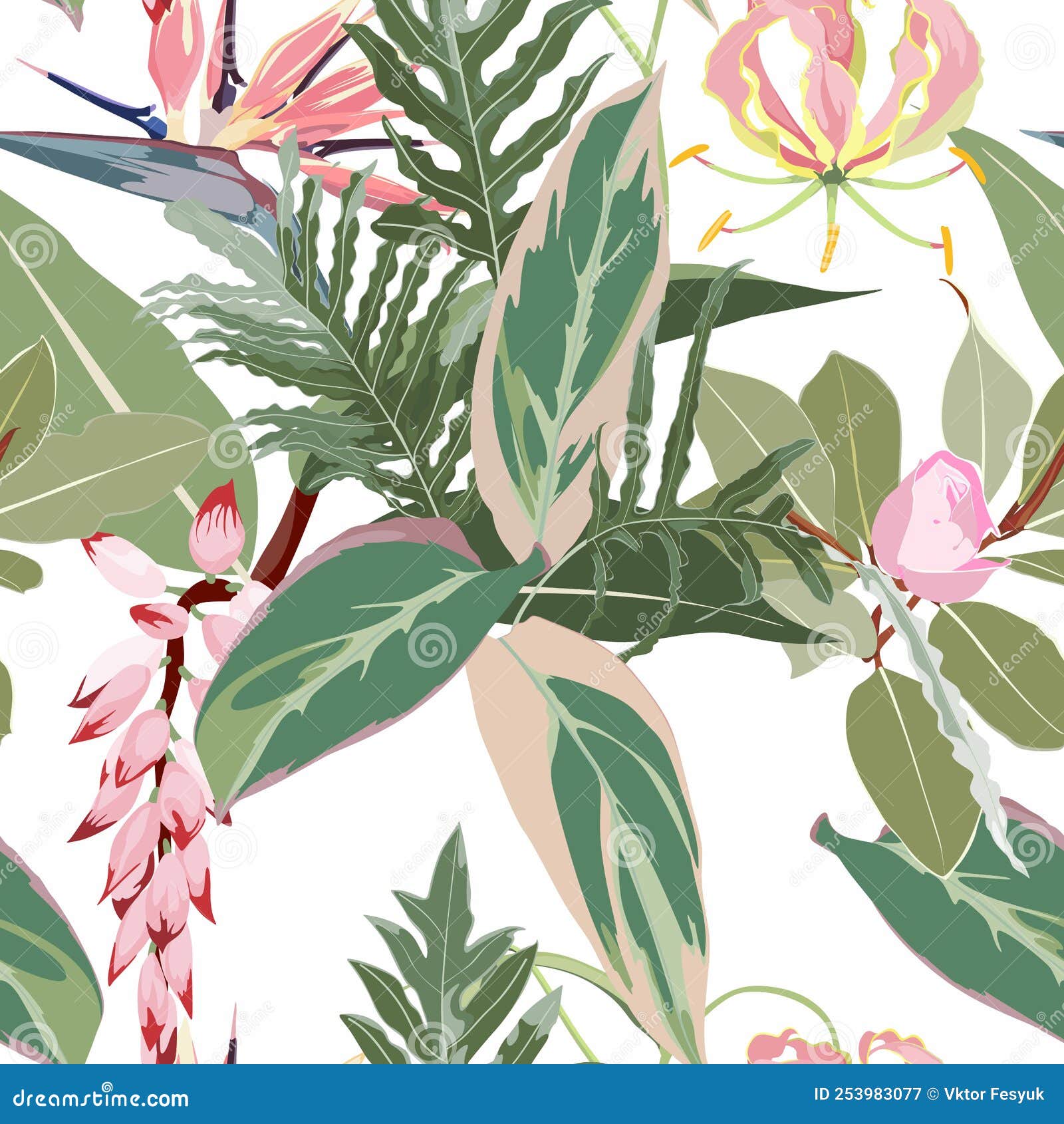 Seamless Floral Pattern with Tropical Pink Flowers with Exotic Leaves ...