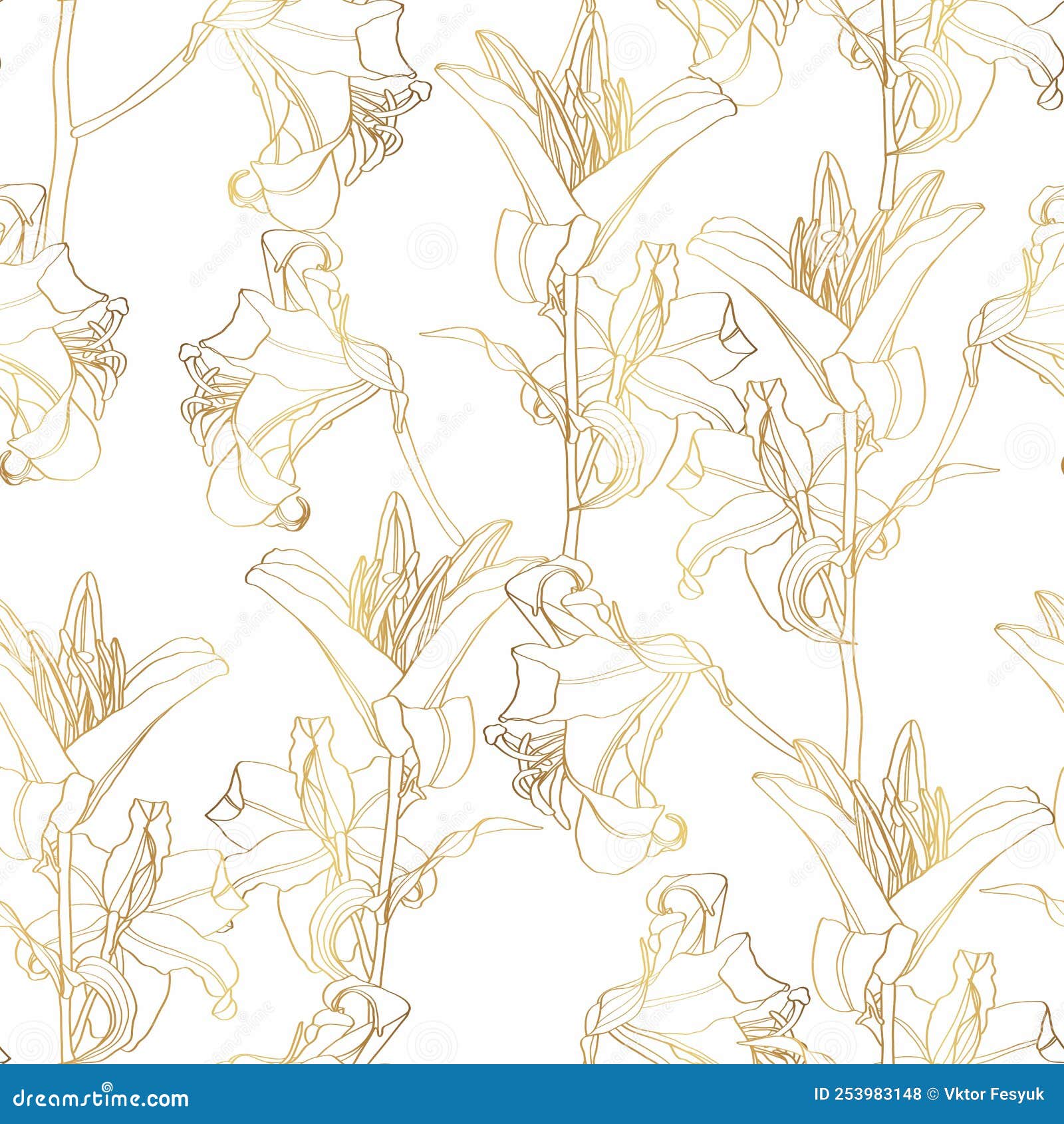 Seamless Pattern with Golden Line Lily Flower Illustration. Stock ...