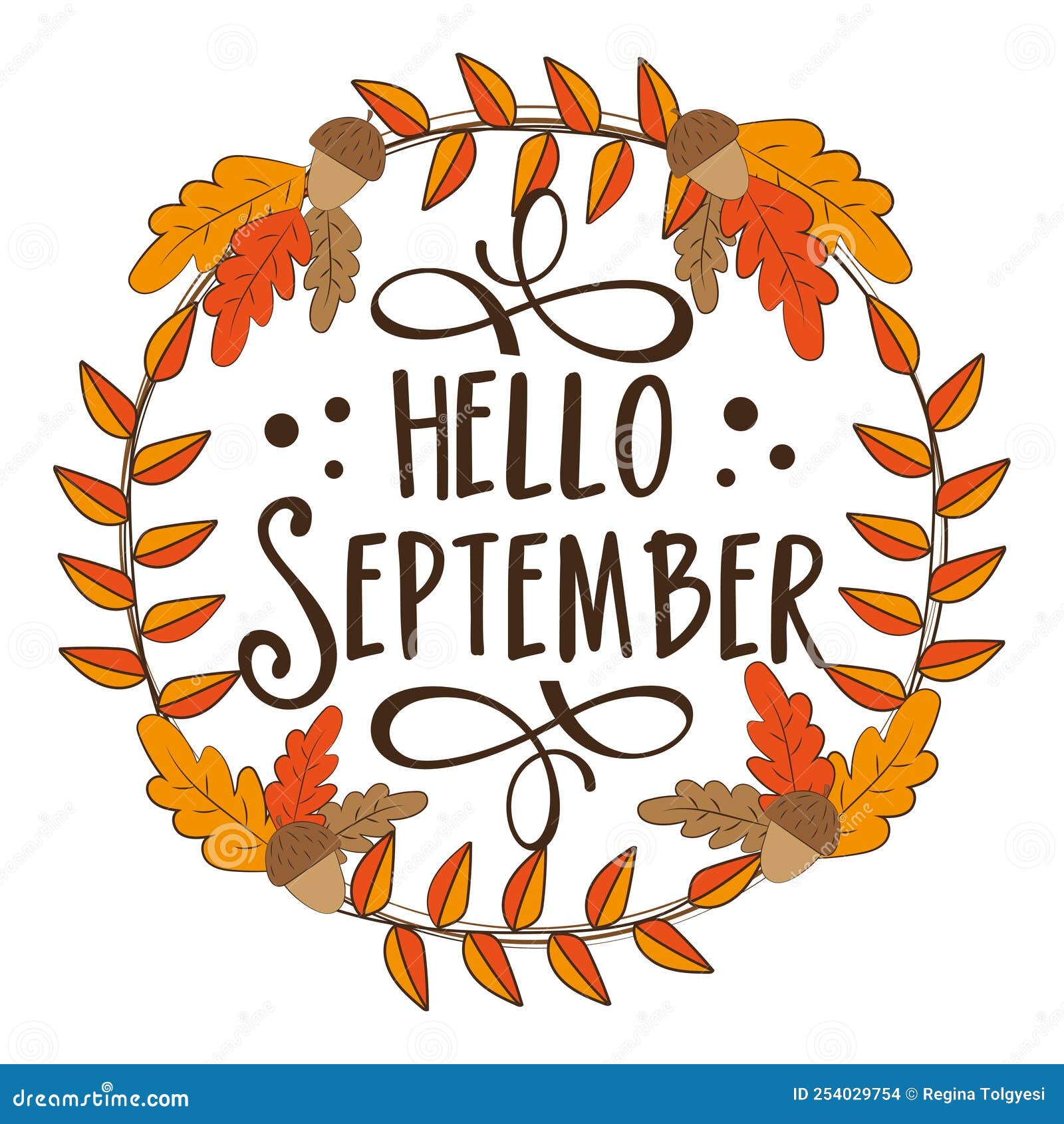 Hello September - Autumnal Greeting with Leaves and Oak Wreath. Stock ...